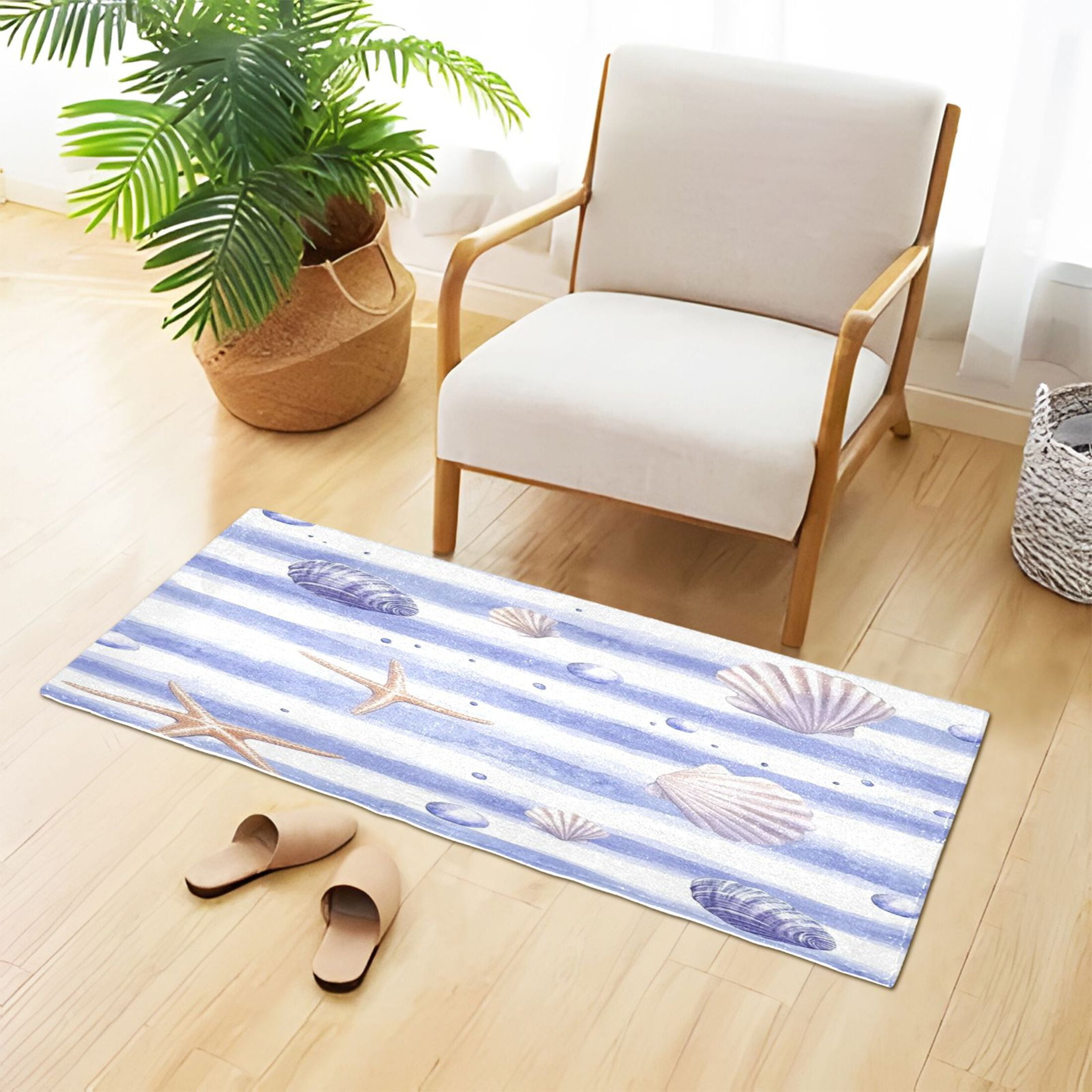 Watercolor Blue Stripes Starfishes Shells Plush Carpet Non Slip Runner ...