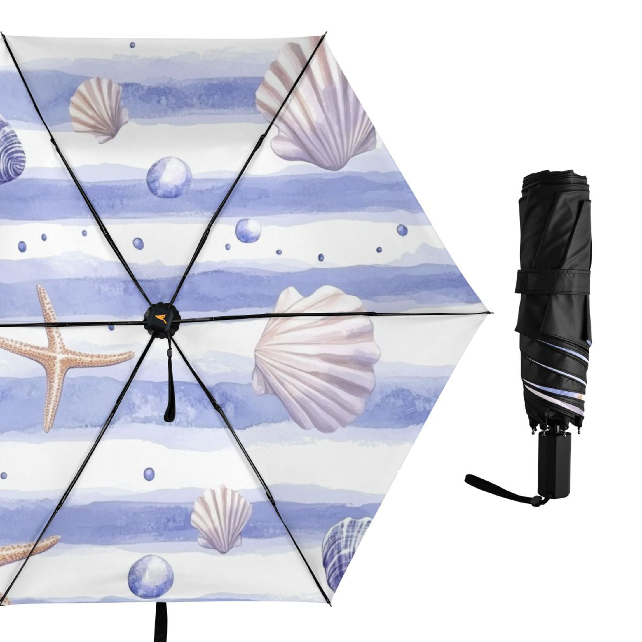 Watercolor Blue Stripes Starfishes Shells Triple Folding Umbrella ...