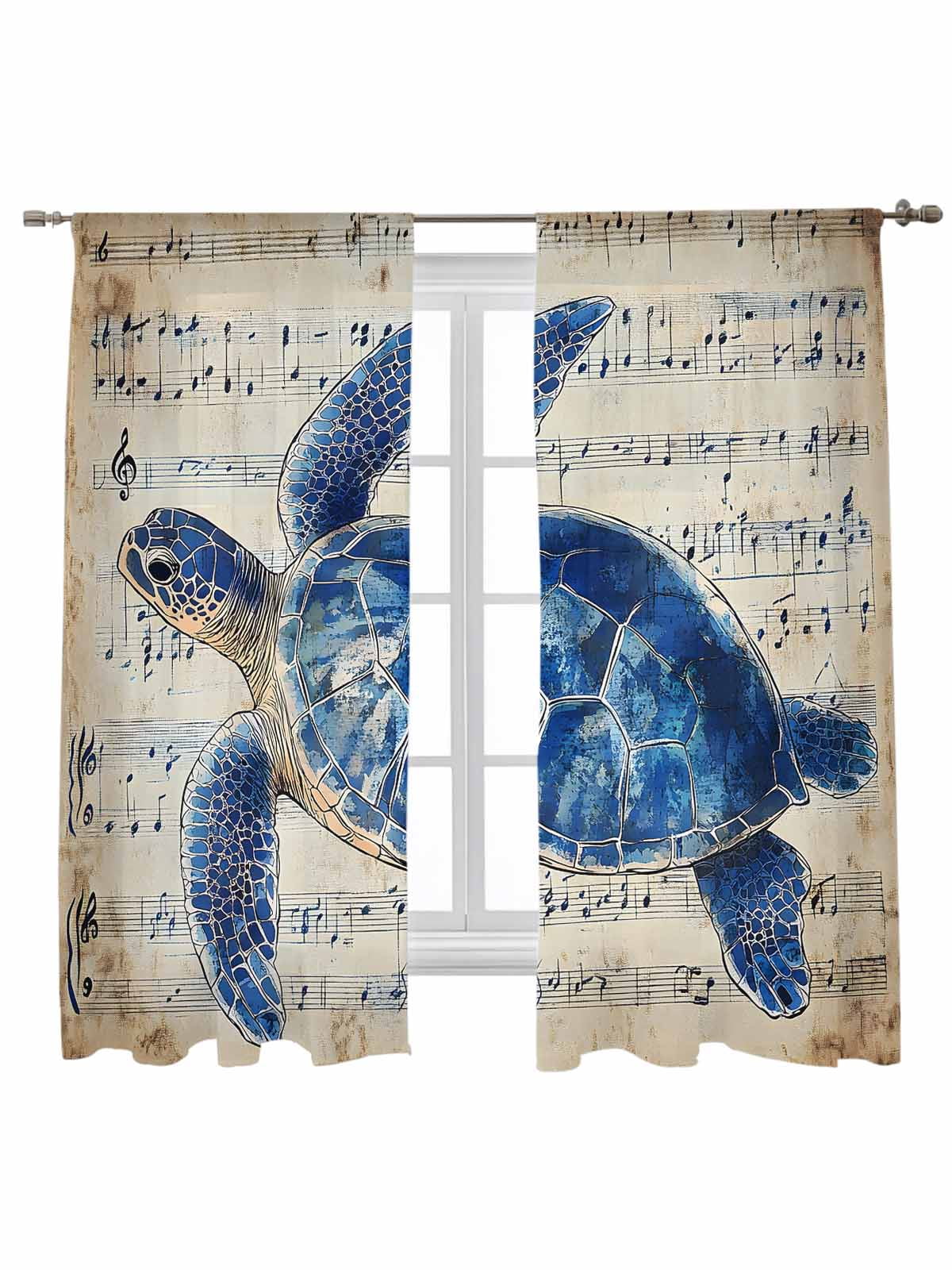 Watercolor Blue Turtle Sheer Curtains 2 Panels Set Retro Sheet Music ...