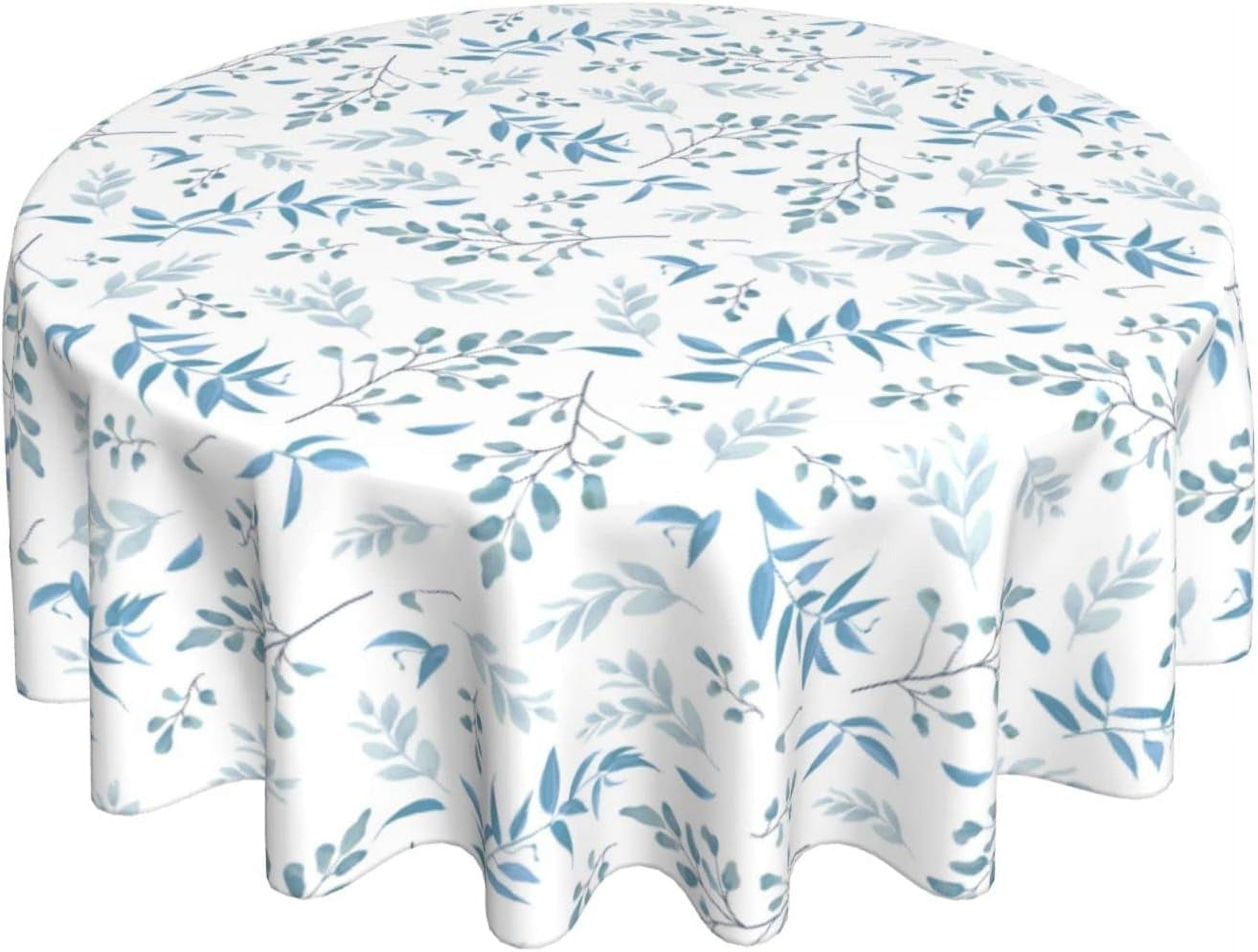 Watercolor Blue White Grey Leaves Round Tablecloth 60 Inch Teal Gray ...