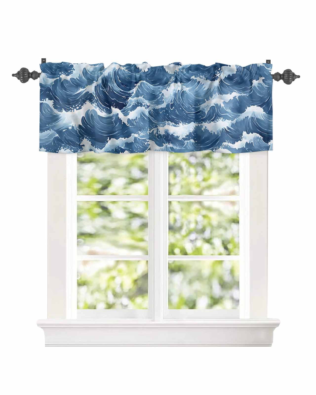 Watercolor Blue White Sea Wave Curtain Valances for Kitchen Windows,Rod ...