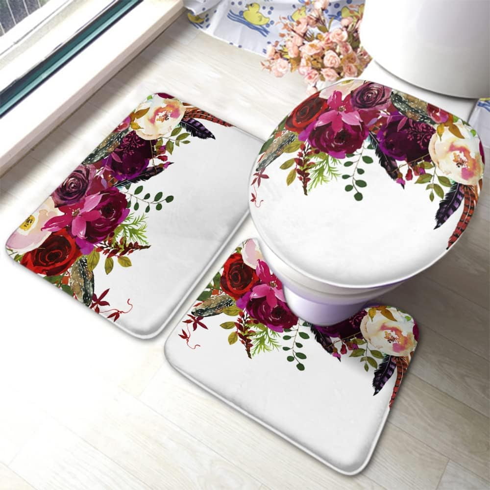 Watercolor Boho 3 Piece Bath Rugs Set Red White Floral Drop Flowers and ...