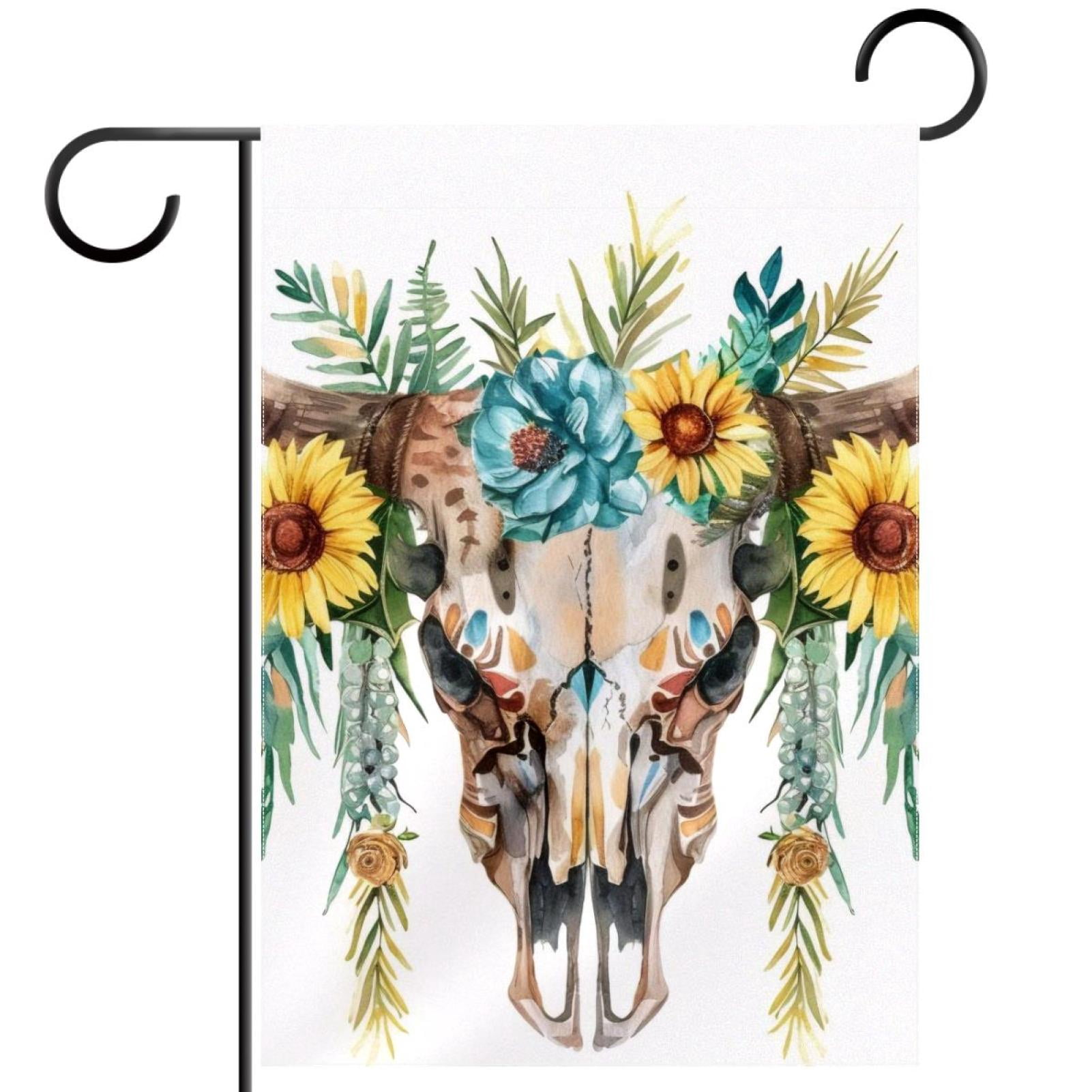 Watercolor Boho Bull Skull Head with Sunflowers Double Sided Garden ...