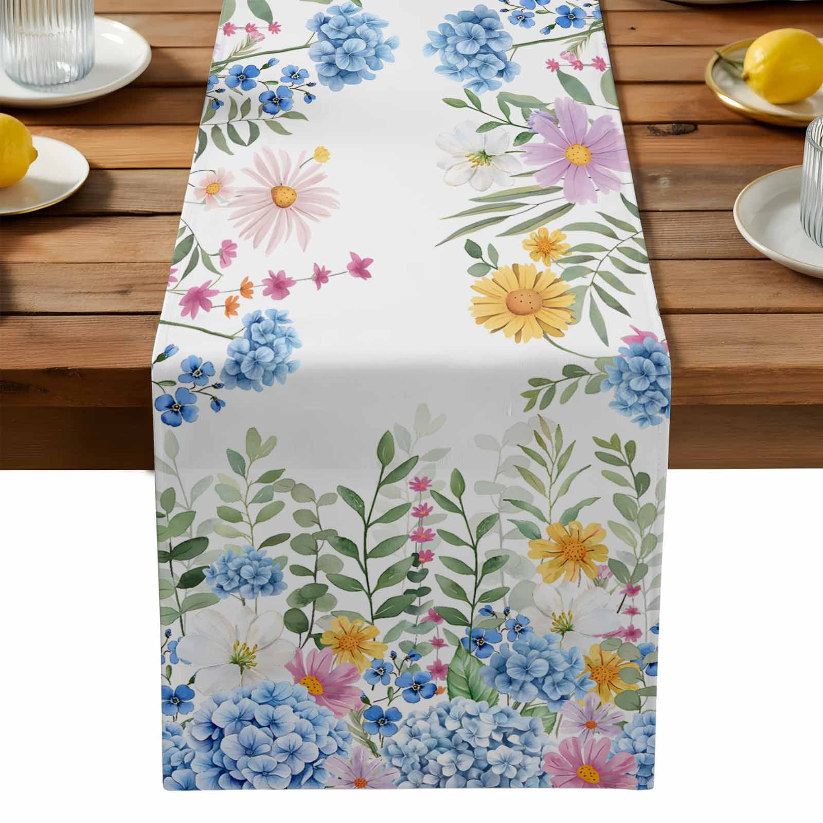 Watercolor Boho Flowers Table Runner, Eucalyptus Leaves Cotton Linen ...