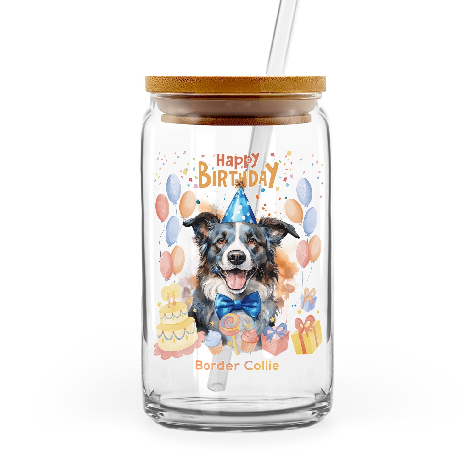 Watercolor Border Collie Happy Birthday Celebration Balloons Gift Party ...