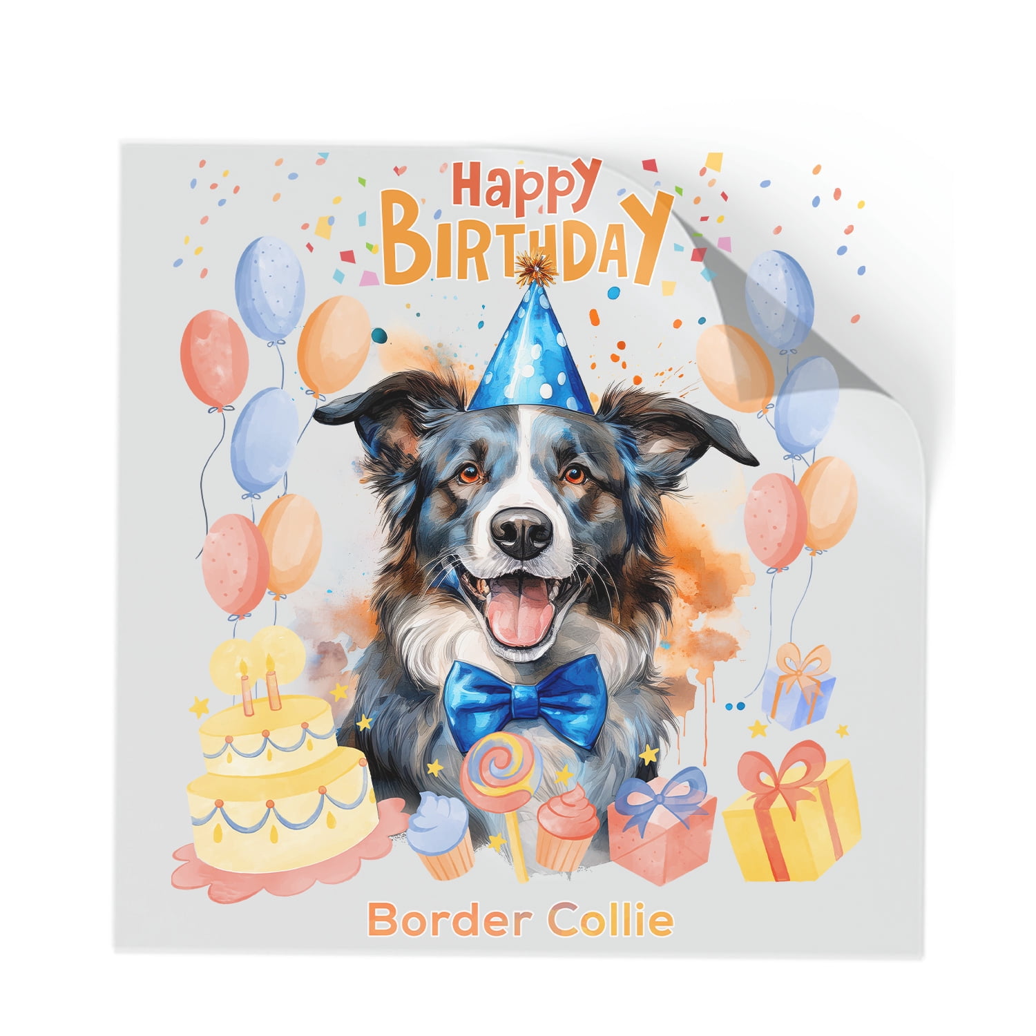 Watercolor Border Collie Happy Birthday Celebration Balloons Gift Party ...