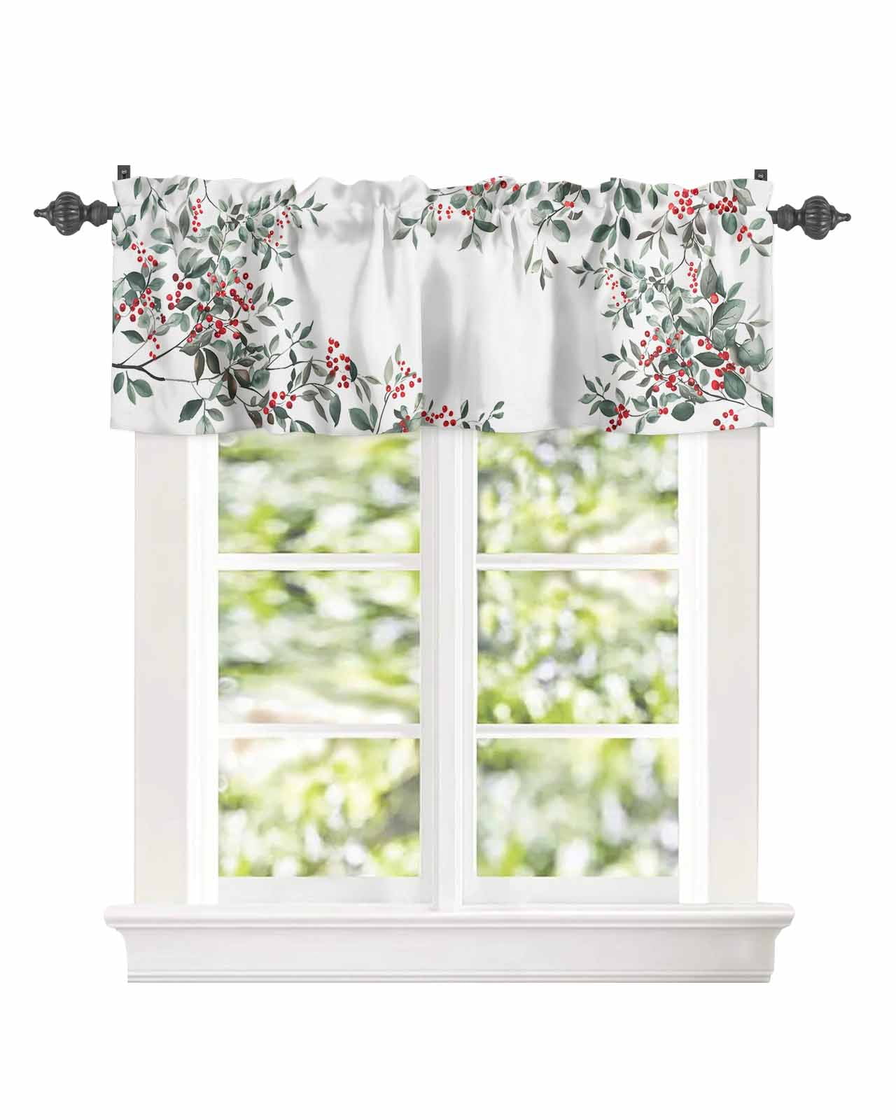 Watercolor Botanical Branch Leaves Red Berry Window Valances for ...