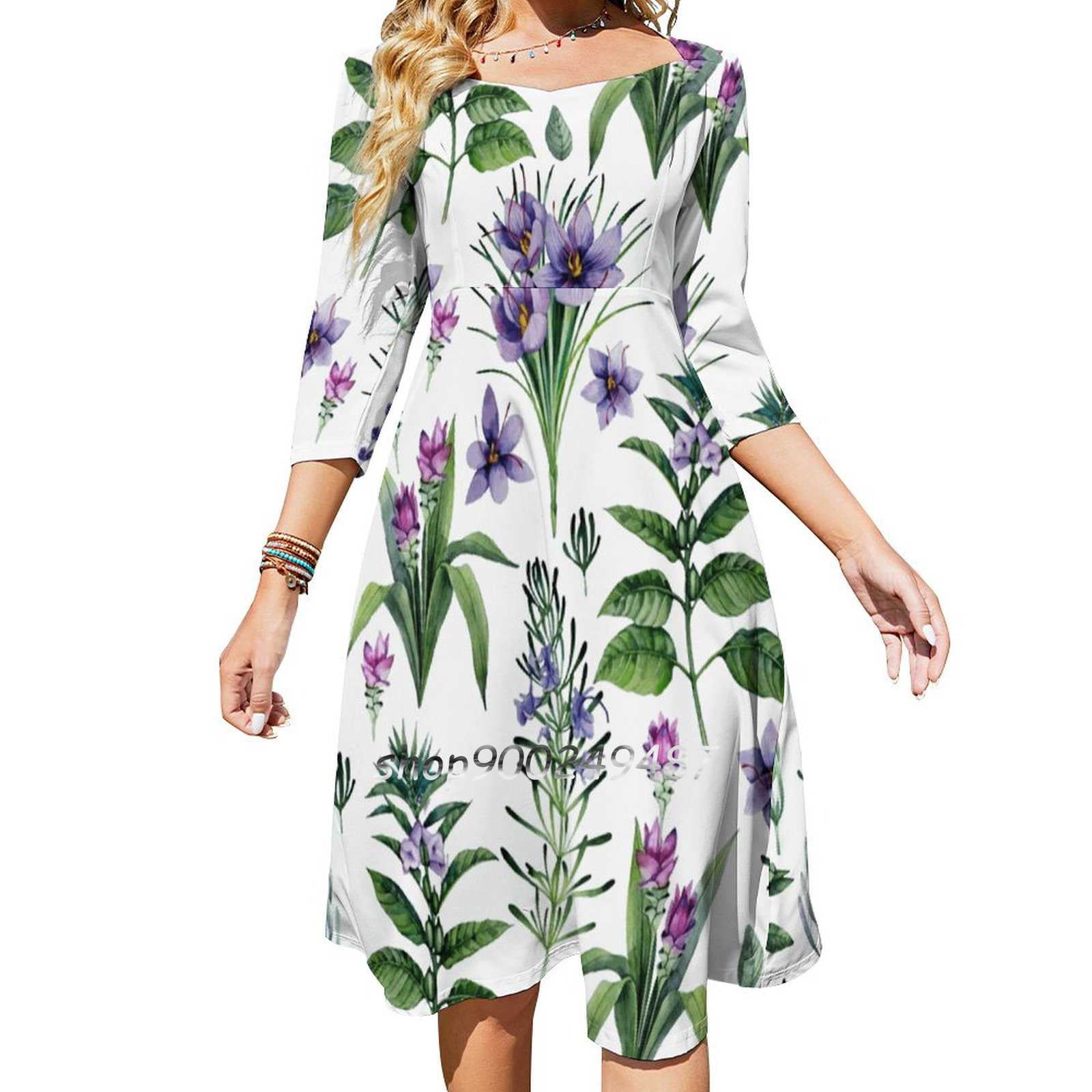 Watercolor Botanical Collection Of Herbs And Spices Square Neck Dress ...