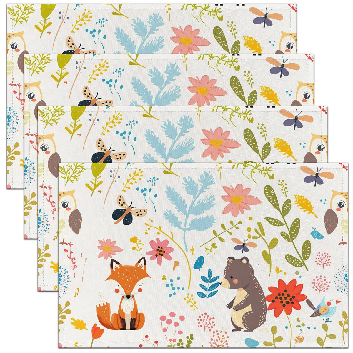 Watercolor Botanical Placemats Set of 4 Cartoon Fox Bear Place Mats ...