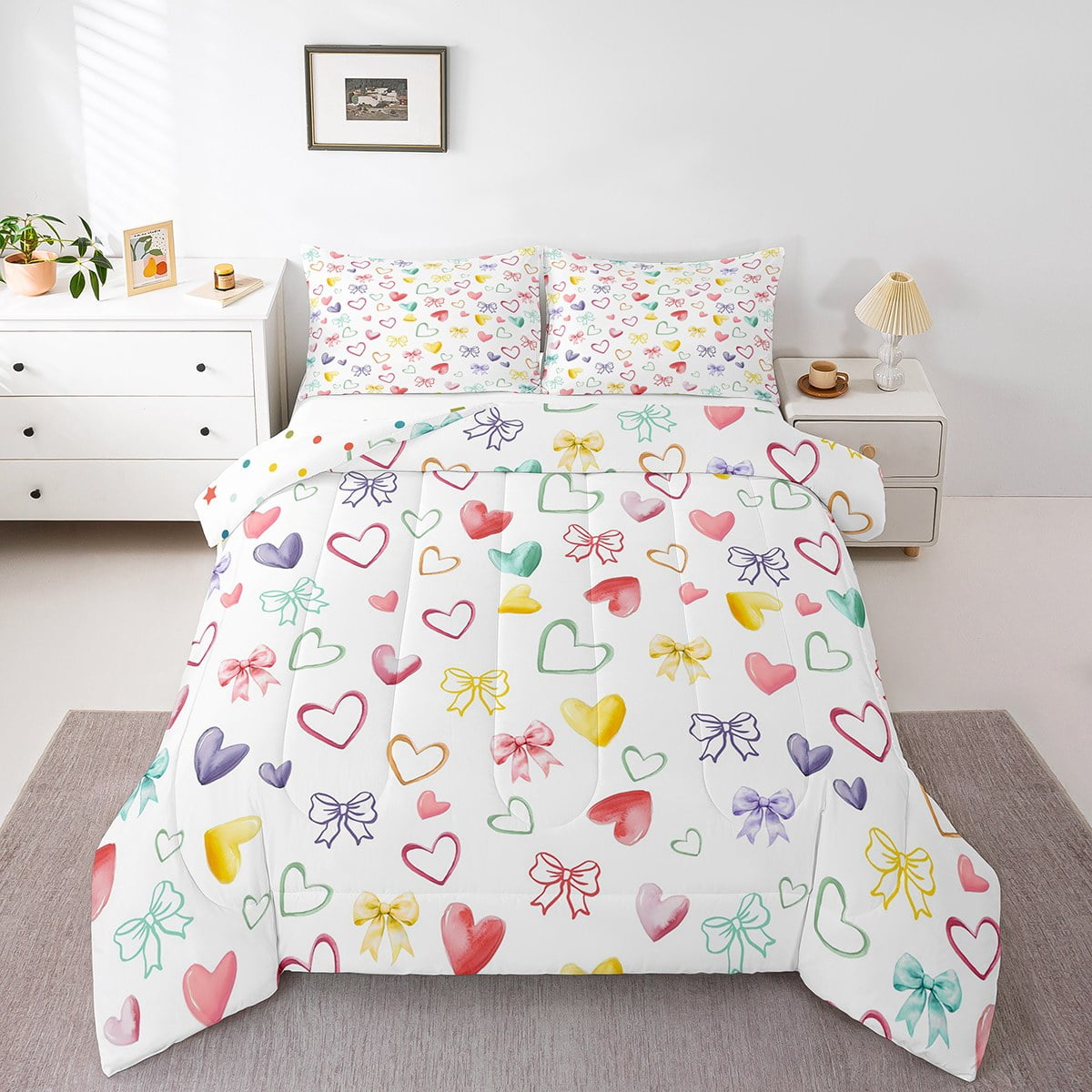 Watercolor Bow Comforter Set Rainbow Love Hearts Bed Set,Colorful ...