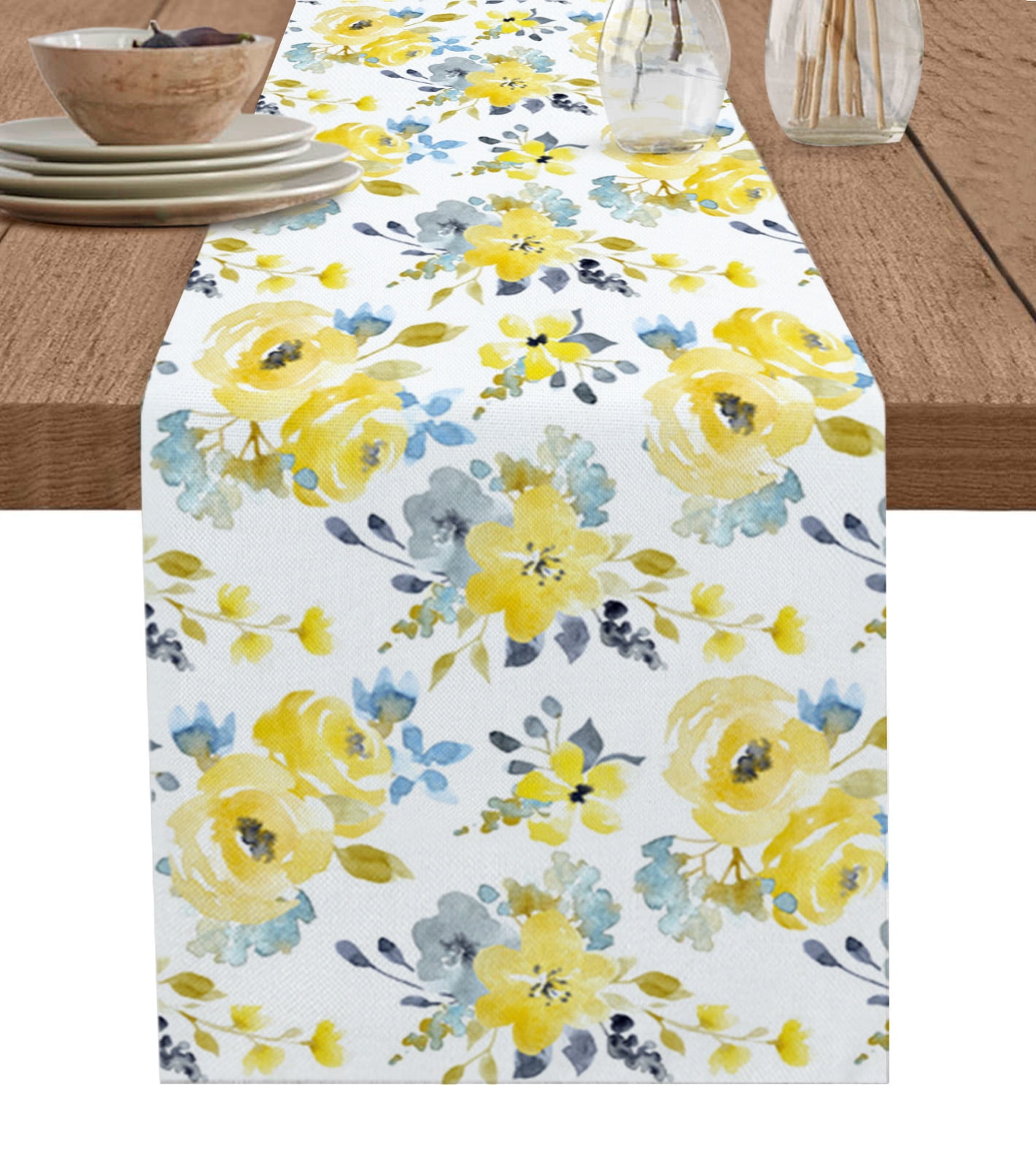 Watercolor Bright Summer Yellow Blue Flowers Table Runner ration Home r ...