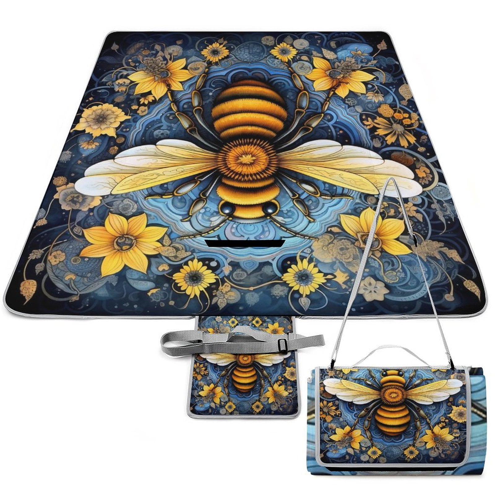 Watercolor Bumblebee Yellow Sunflowers Square Picnic Mat Waterproof ...