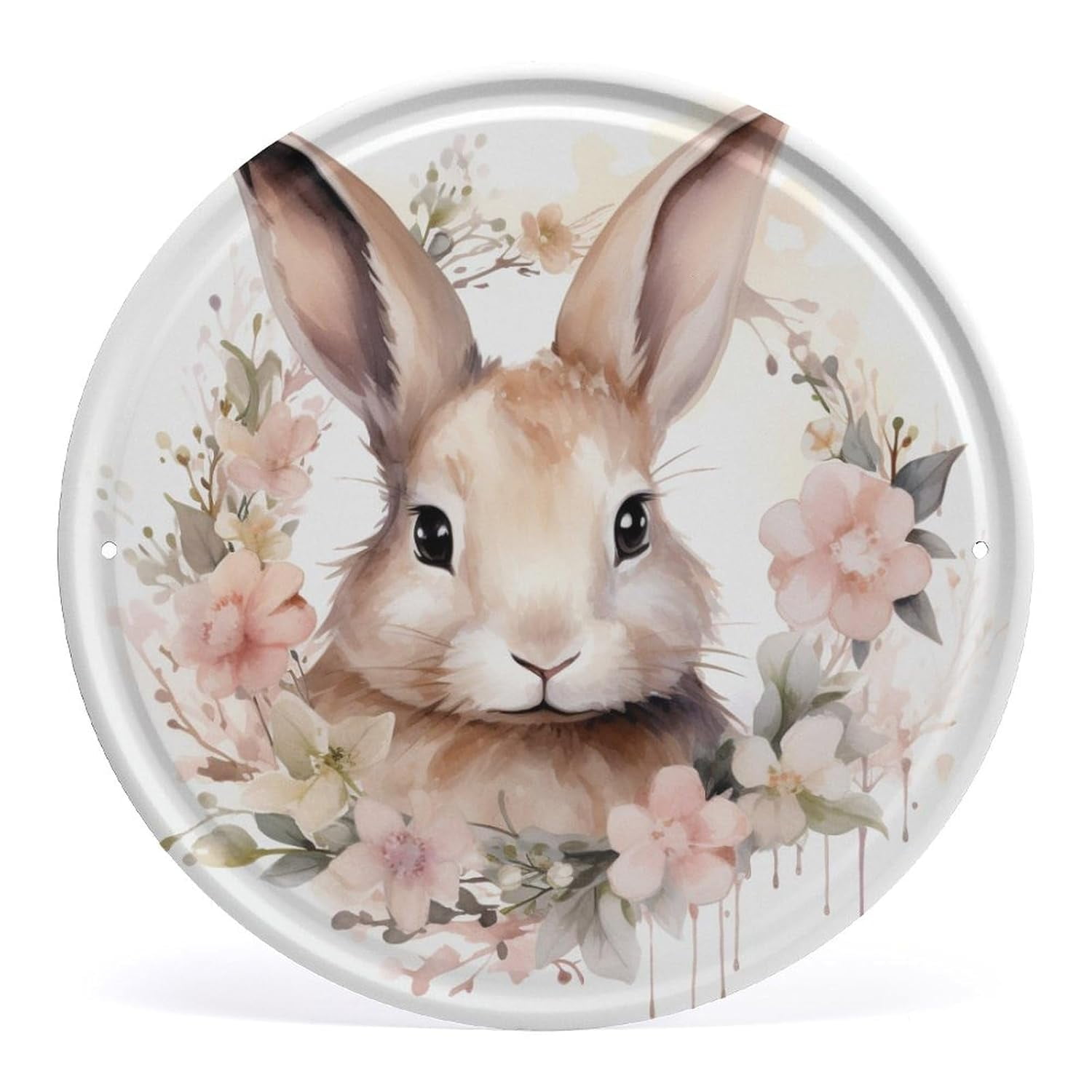 Watercolor Bunny With A Floral Wreath Round Aluminum Sign Easter Rabbit ...