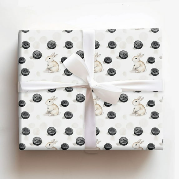 Watercolor Bunny Rabbit and Black Sewing Button Gift Wrapping Paper ...