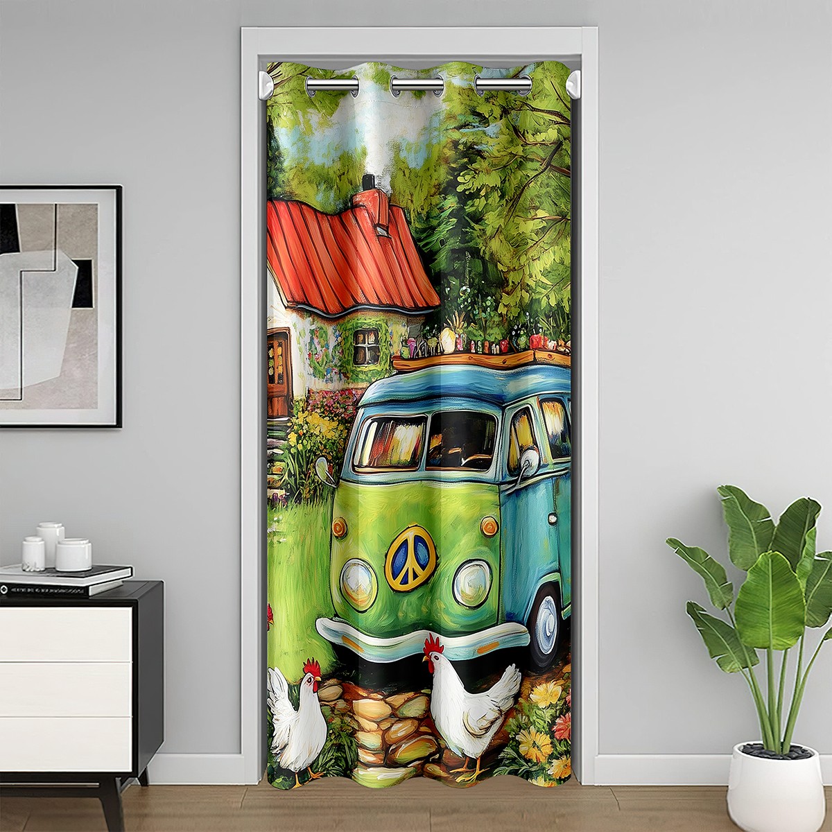 Watercolor Bus Door Curtain for Doorway Privacy,Cute Chicken Flowers ...