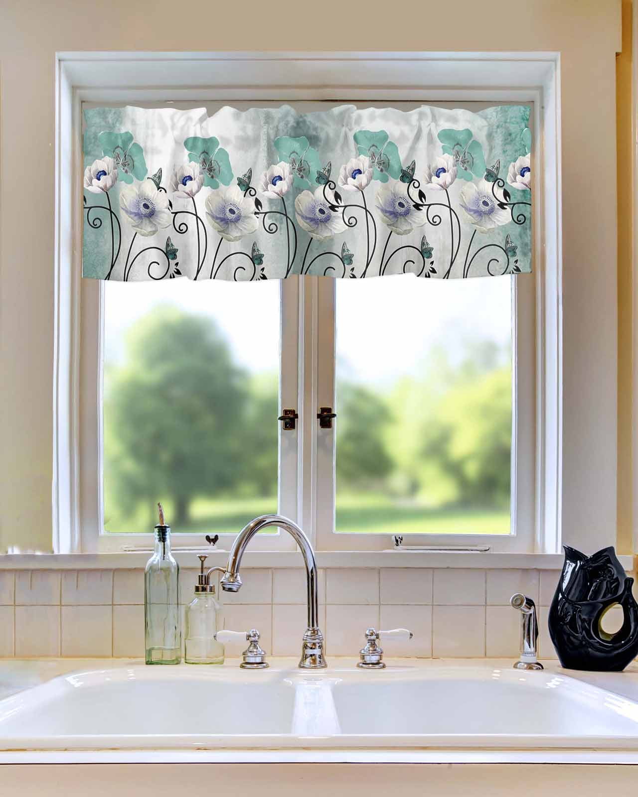 Watercolor Butterfly on Aqua White Floral Window Valances for Kitchen ...