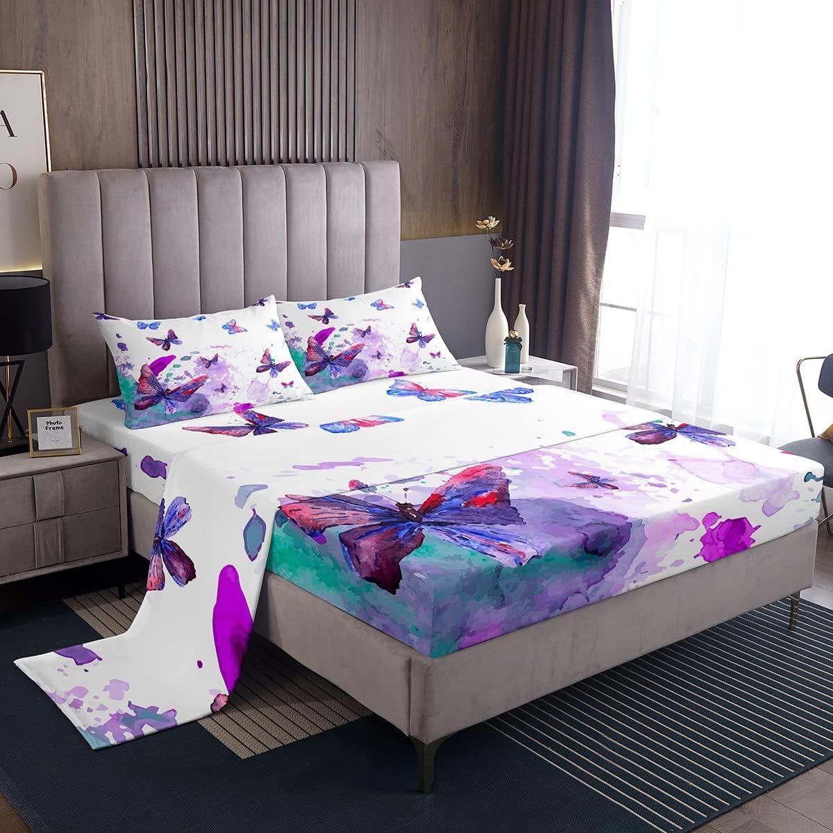 Watercolor Butterfly Bed Sheets Set Queen Size,Purple Tie Dyed ...
