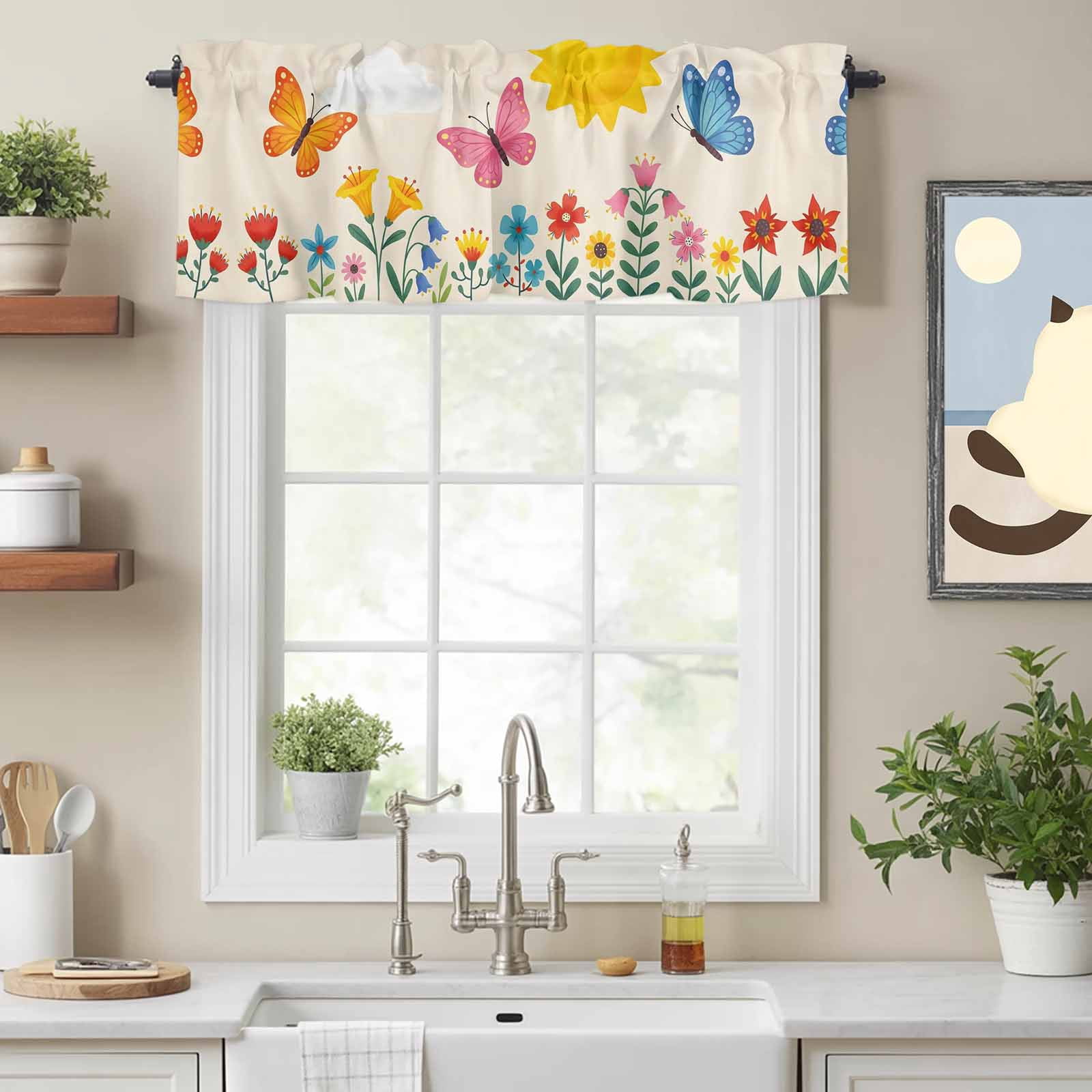 Watercolor Butterfly Flowers Sun Valances for Windows,Kitchen Valance ...