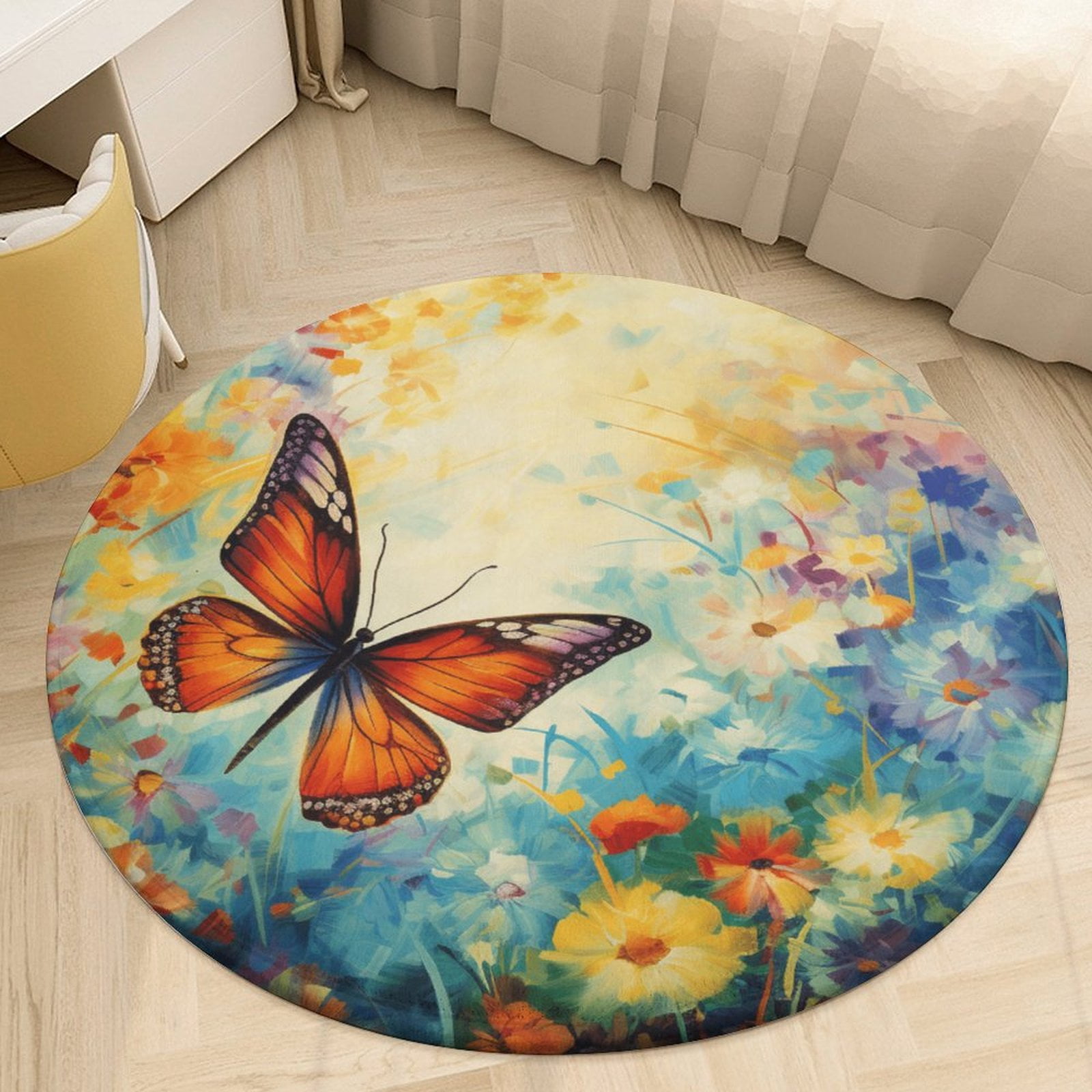 Watercolor Butterfly Round Rugs -Washable Non-Slip Small Round Area Rug ...