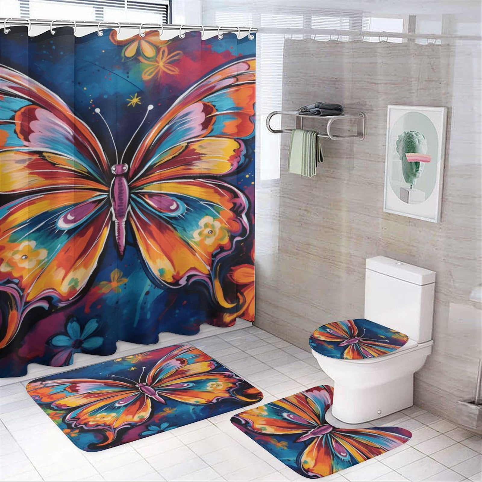Watercolor Butterfly Shower Curtain Modern Bath Decor Set Toilet Covers ...