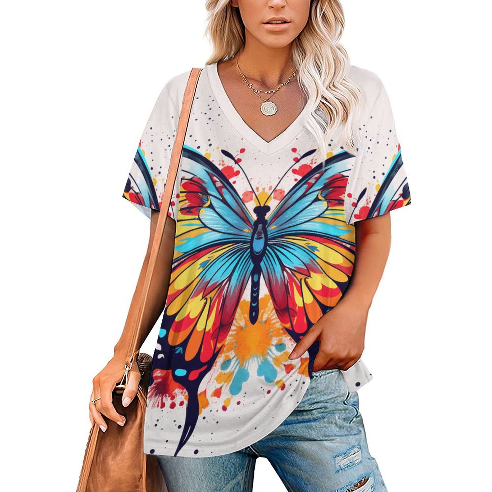 Watercolor Butterfly V Neck Fashion Oversize T-Shirt Short Sleeve ...