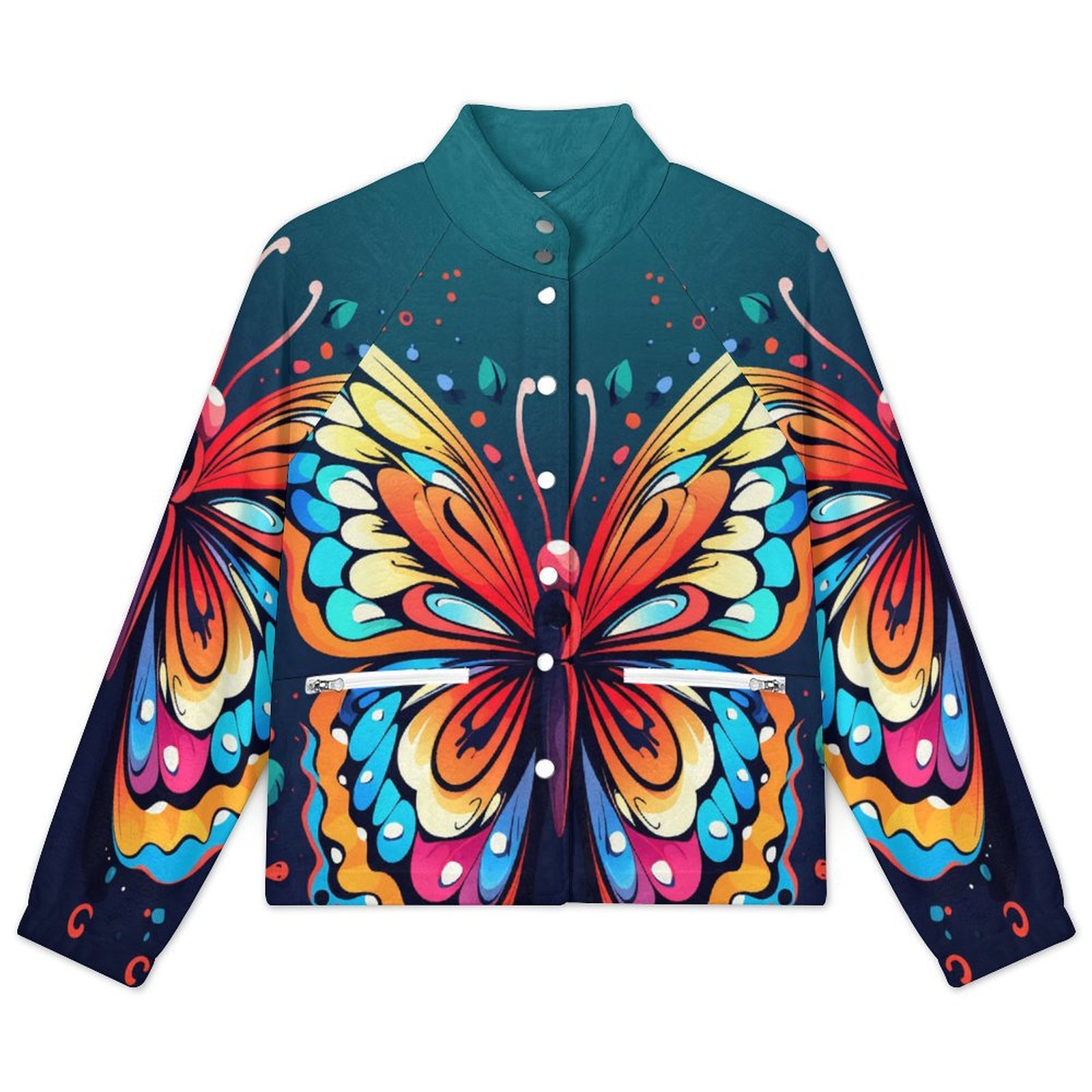 Watercolor Butterfly Warm Women's Plush Jacket Stand Collar Full Sleeve ...