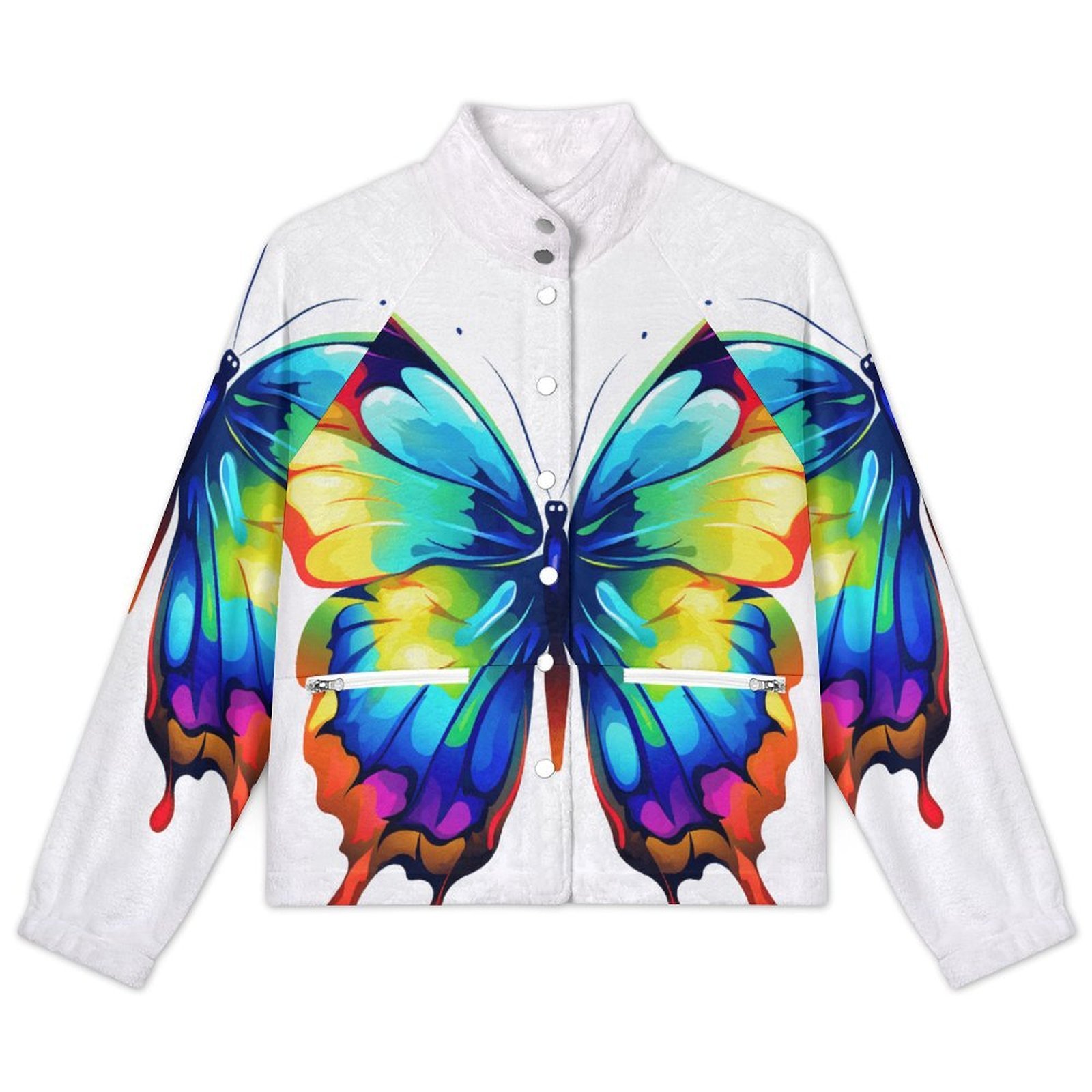 Watercolor Butterfly Warm Women's Plush Jacket Stand Collar Full Sleeve ...