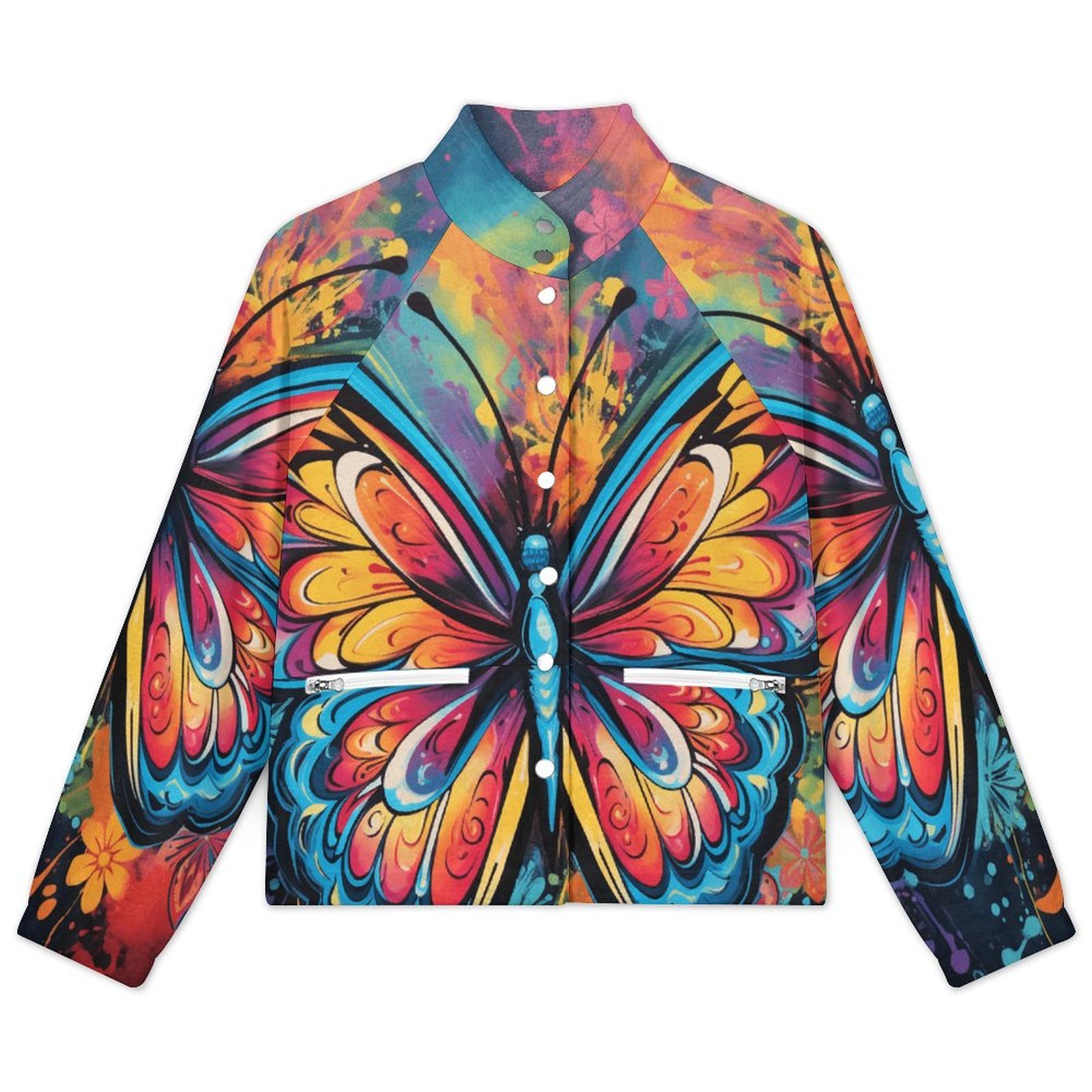 Watercolor Butterfly Warm Women's Plush Jacket Stand Collar Full Sleeve ...