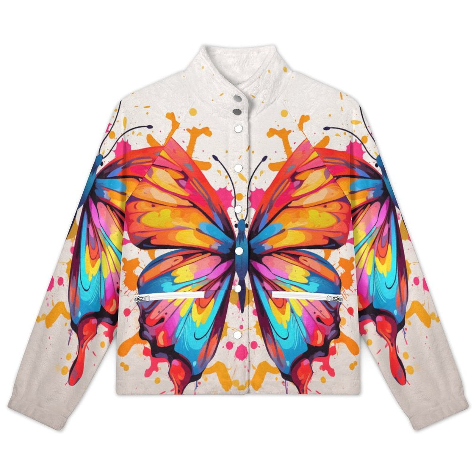 Watercolor Butterfly Warm Women's Plush Jacket Stand Collar Full Sleeve ...