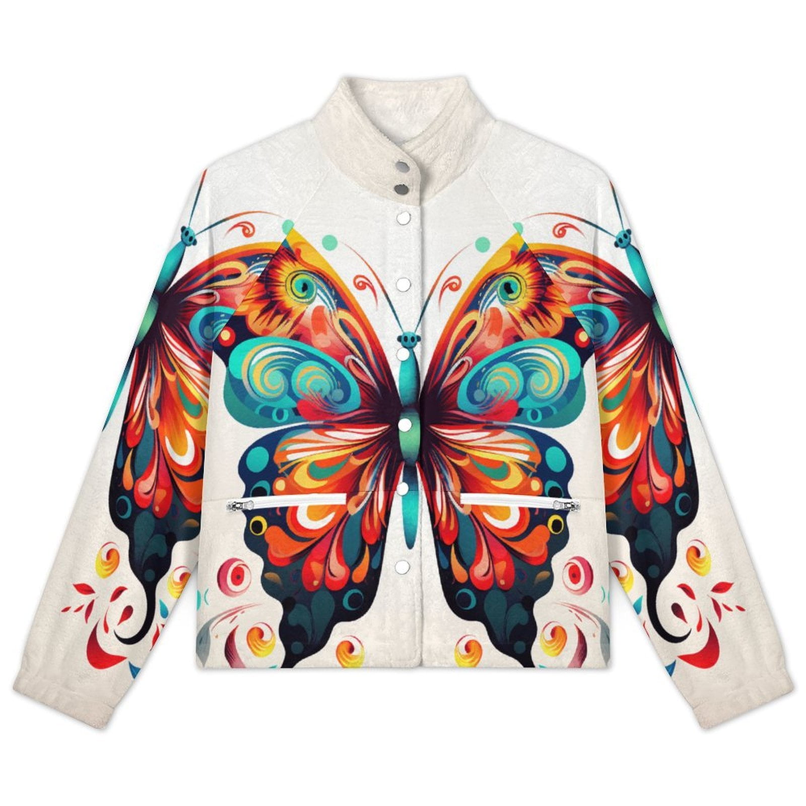 Watercolor Butterfly Warm Women's Plush Jacket Stand Collar Full Sleeve ...