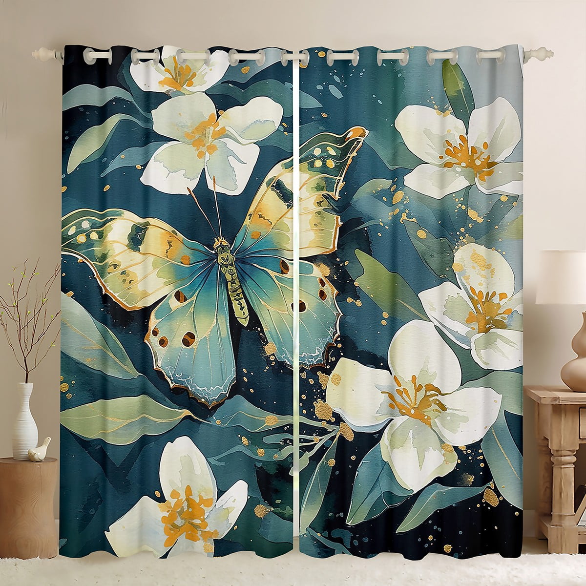Watercolor Butterfly Window Curtain Set of 2 Panels,Artistic Spring ...