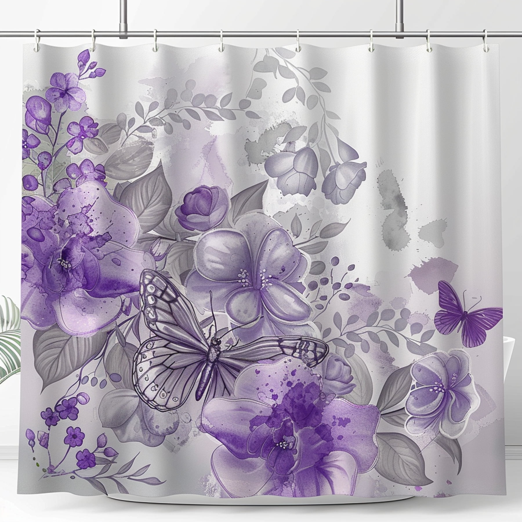 Watercolor Butterfly And Floral Shower Curtain Grey Background With