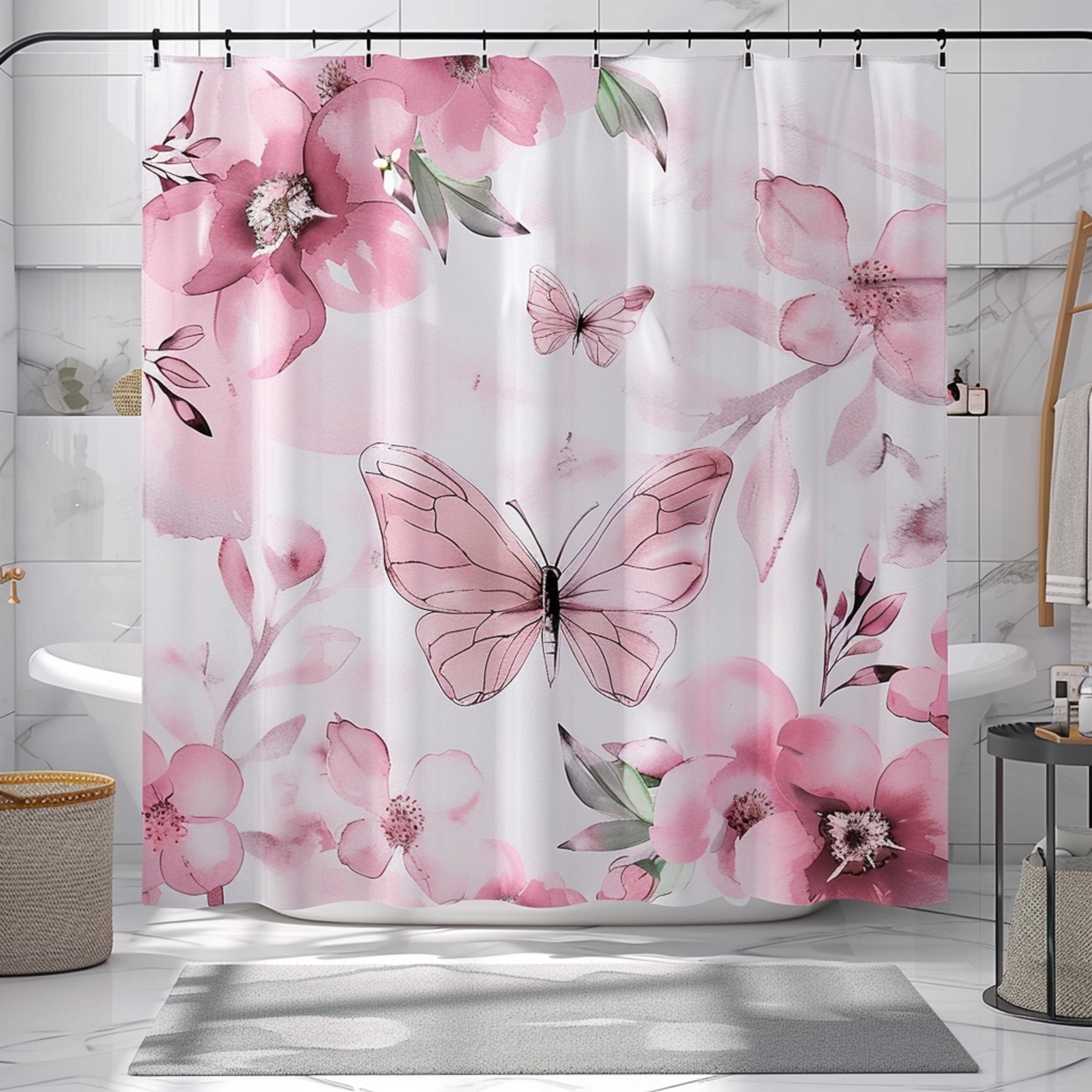 Watercolor Butterfly And Floral Shower Curtain Set Pink Flower Pattern