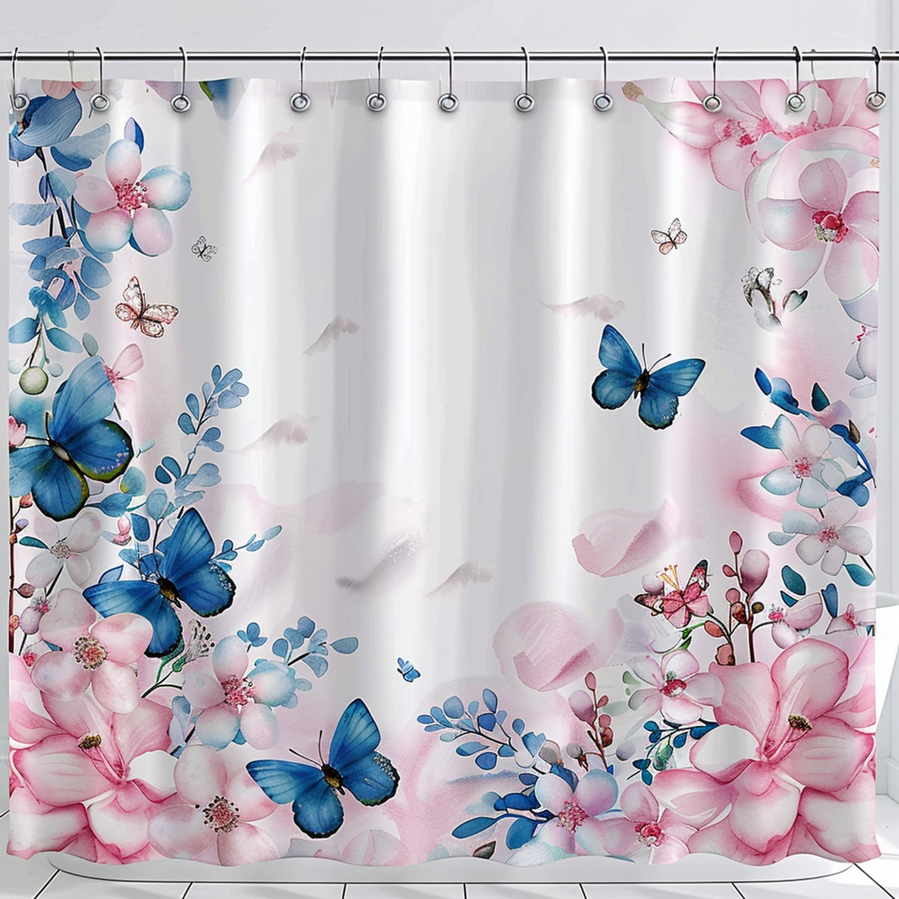 Watercolor Butterfly And Flower Cartoon Shower Curtain Pink And Blue