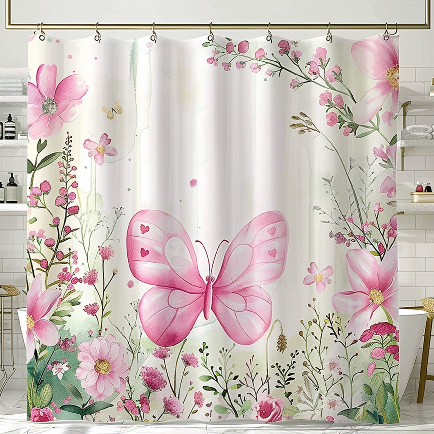 Watercolor Butterfly And Wildflowers Shower Curtain Pastel Pink Floral