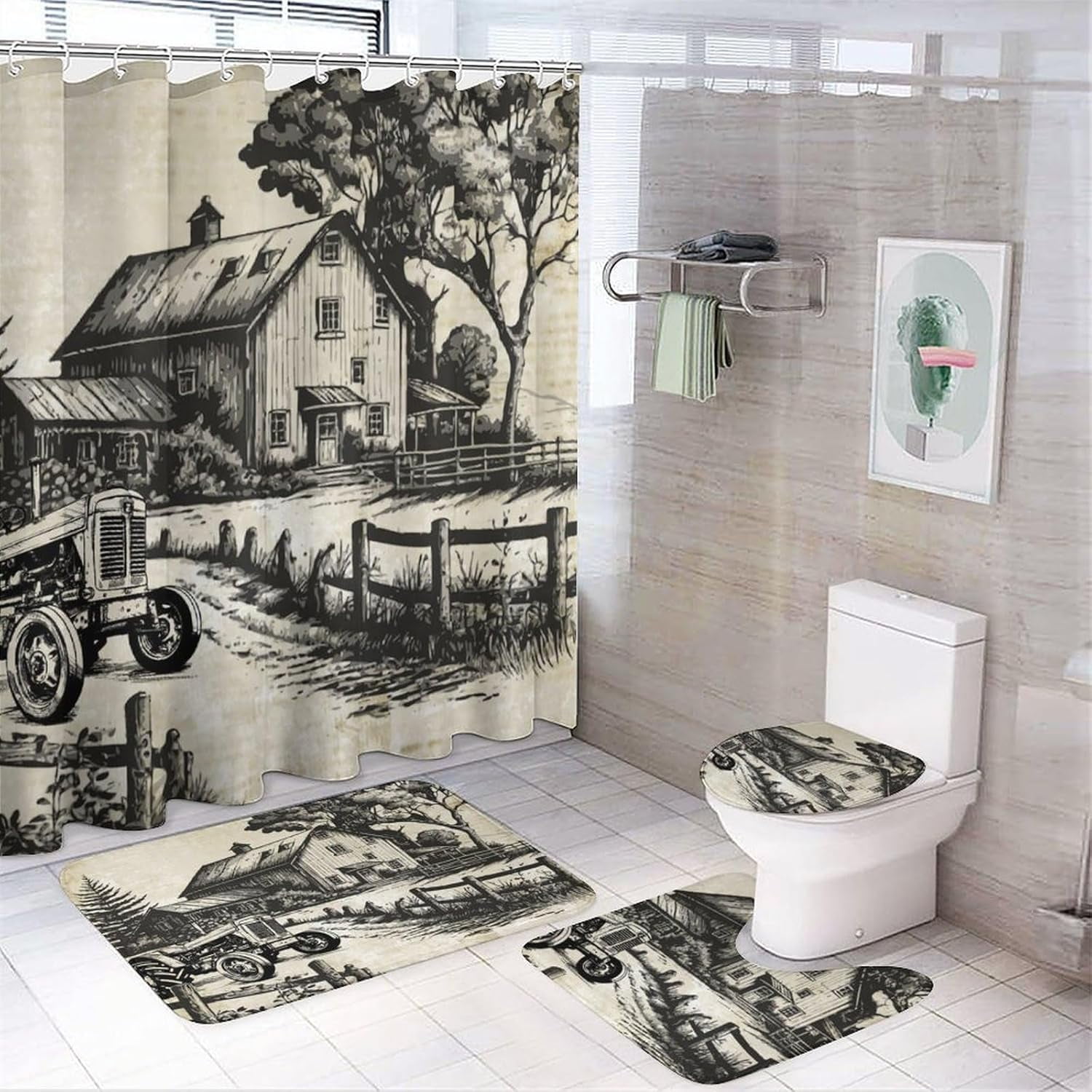 Watercolor Cabin Farmhouse 4 Pieces Shower Curtain Set,Rustic Vintage ...