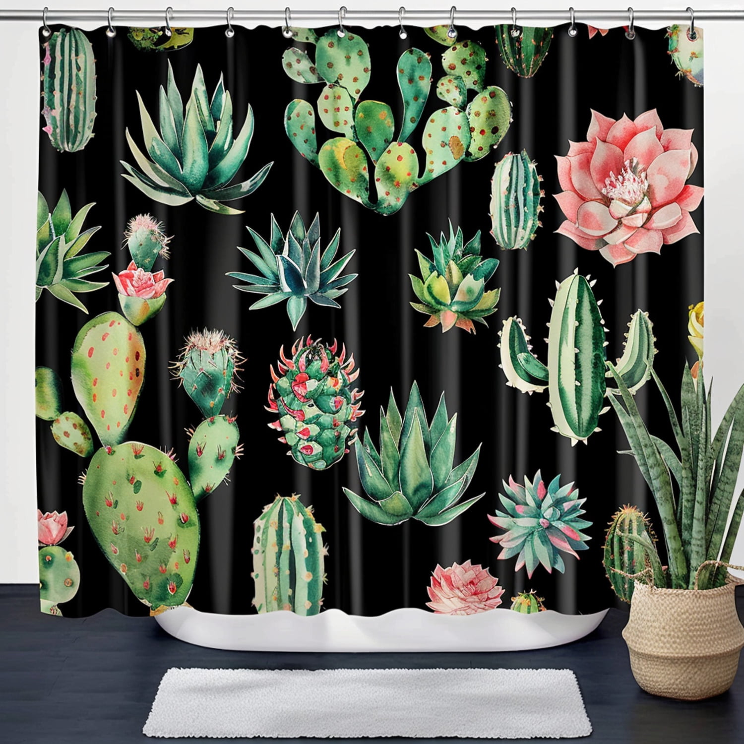 Watercolor Cacti And Succulents Shower Curtain Set Black Background