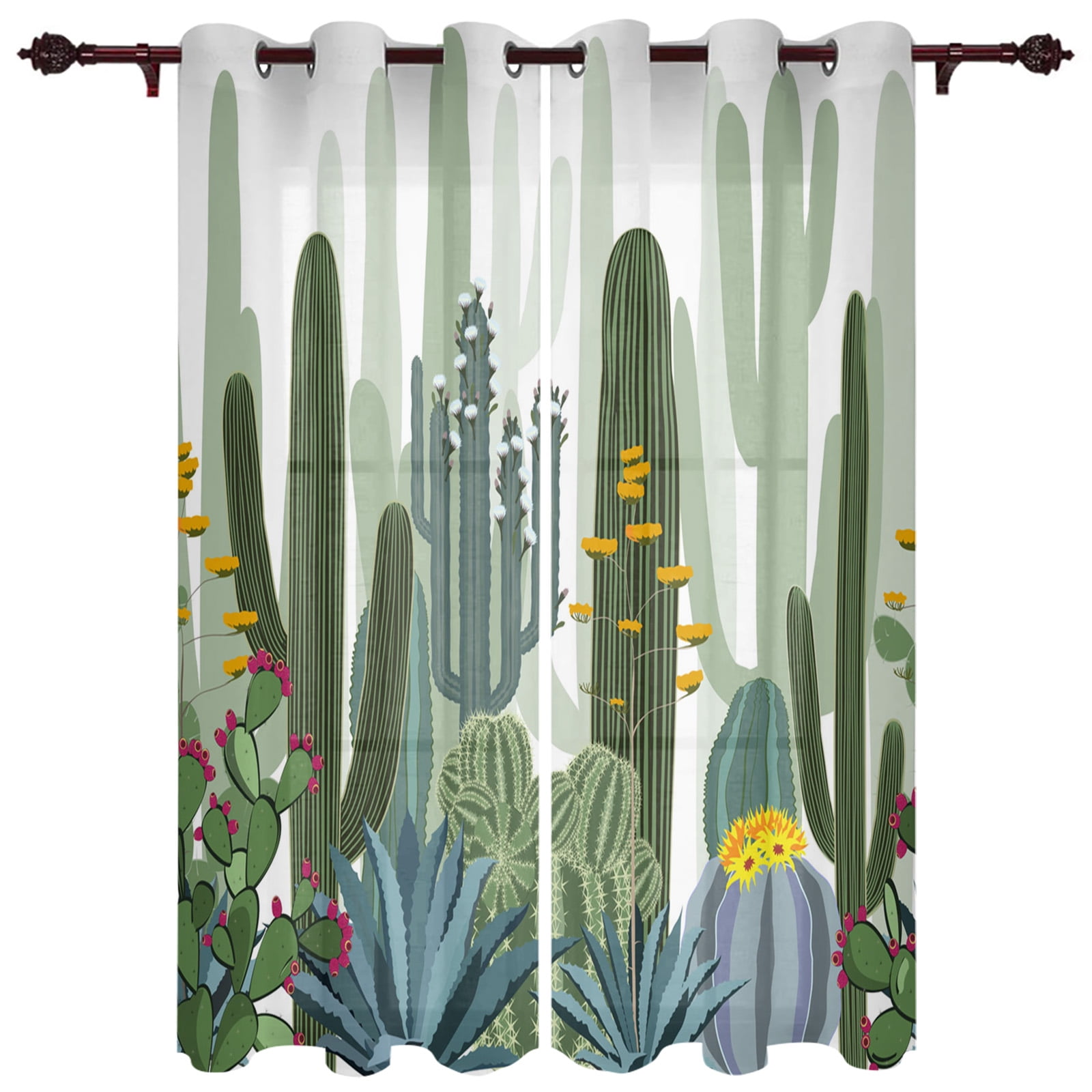 Watercolor Cactus Flowers Window Curtains Living Room Outdoor Fabric ...
