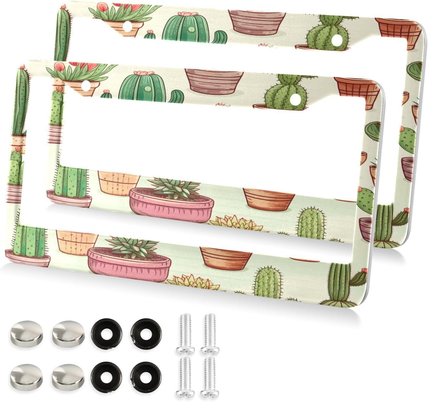 Watercolor Cactus License Plate Frame, Aluminum Car Tag Frames, 2 Pack ...