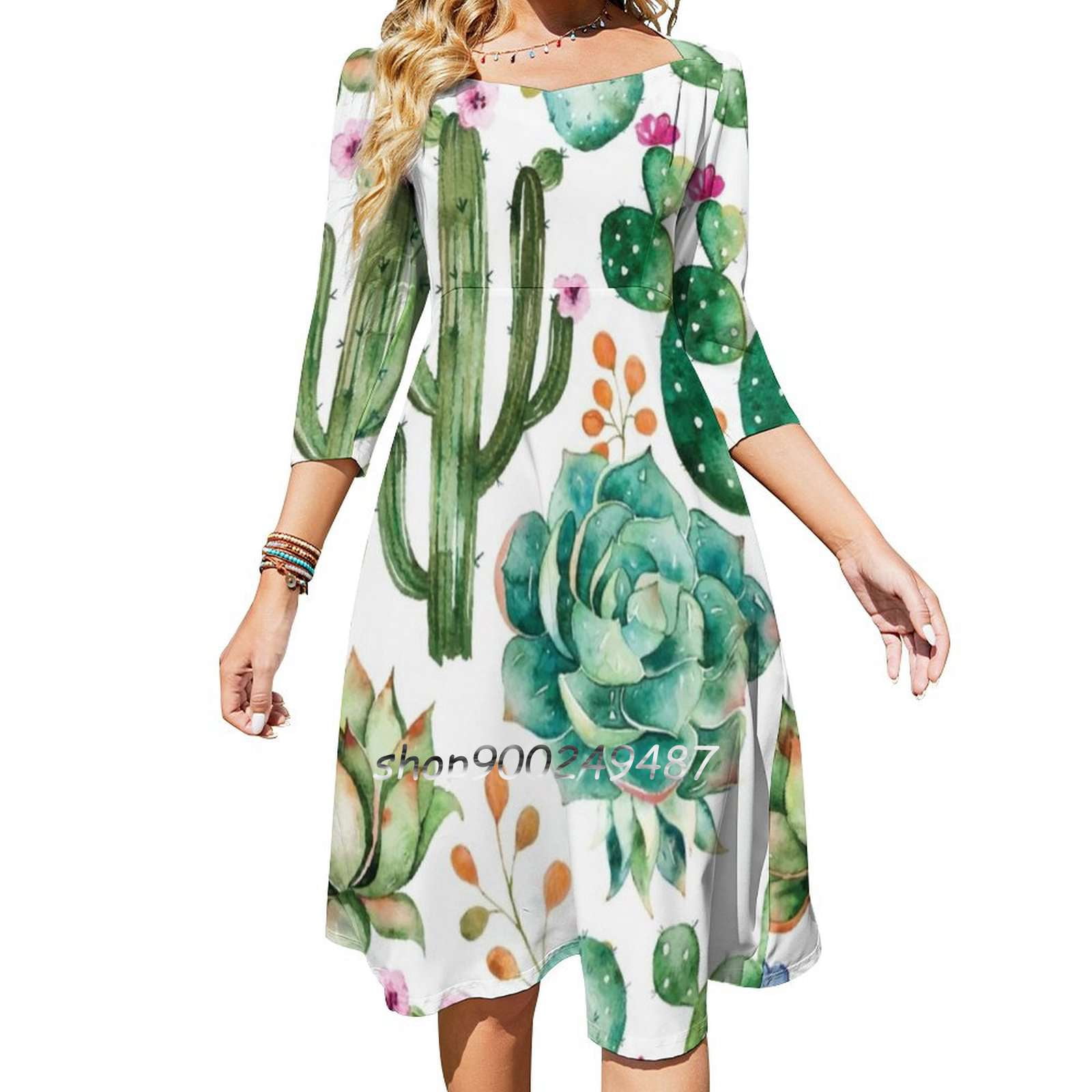 Watercolor Cactus Pattern Flare Dress Square Neck Dress Elegant Female ...