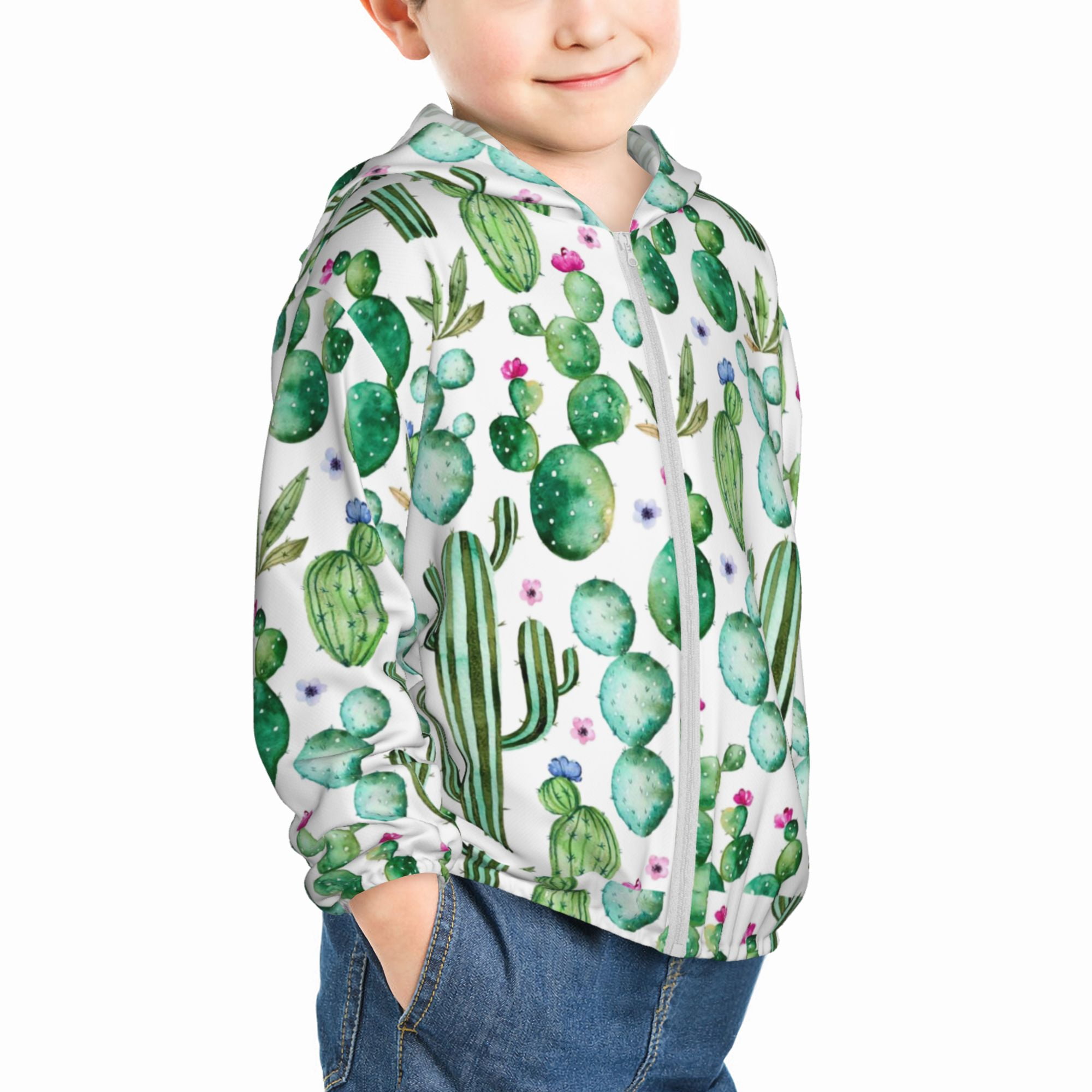 Watercolor Cactus Pattern Kids Zip-Up Hoodie Girls Boys Sun Protection Jacket Hooded Cooling ...