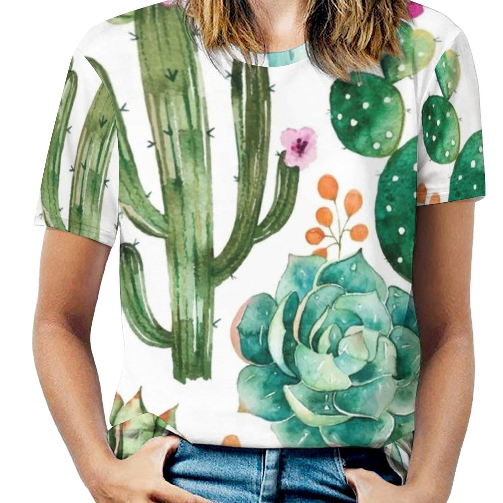 Watercolor Cactus Pattern New Fashion Zip Off Shoulder Top Short-Sleeve ...