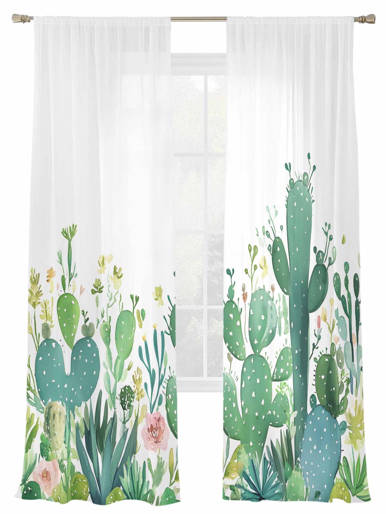 Watercolor Cactus Sheer Curtains 2 Panels Set Hand Painted Flowers ...