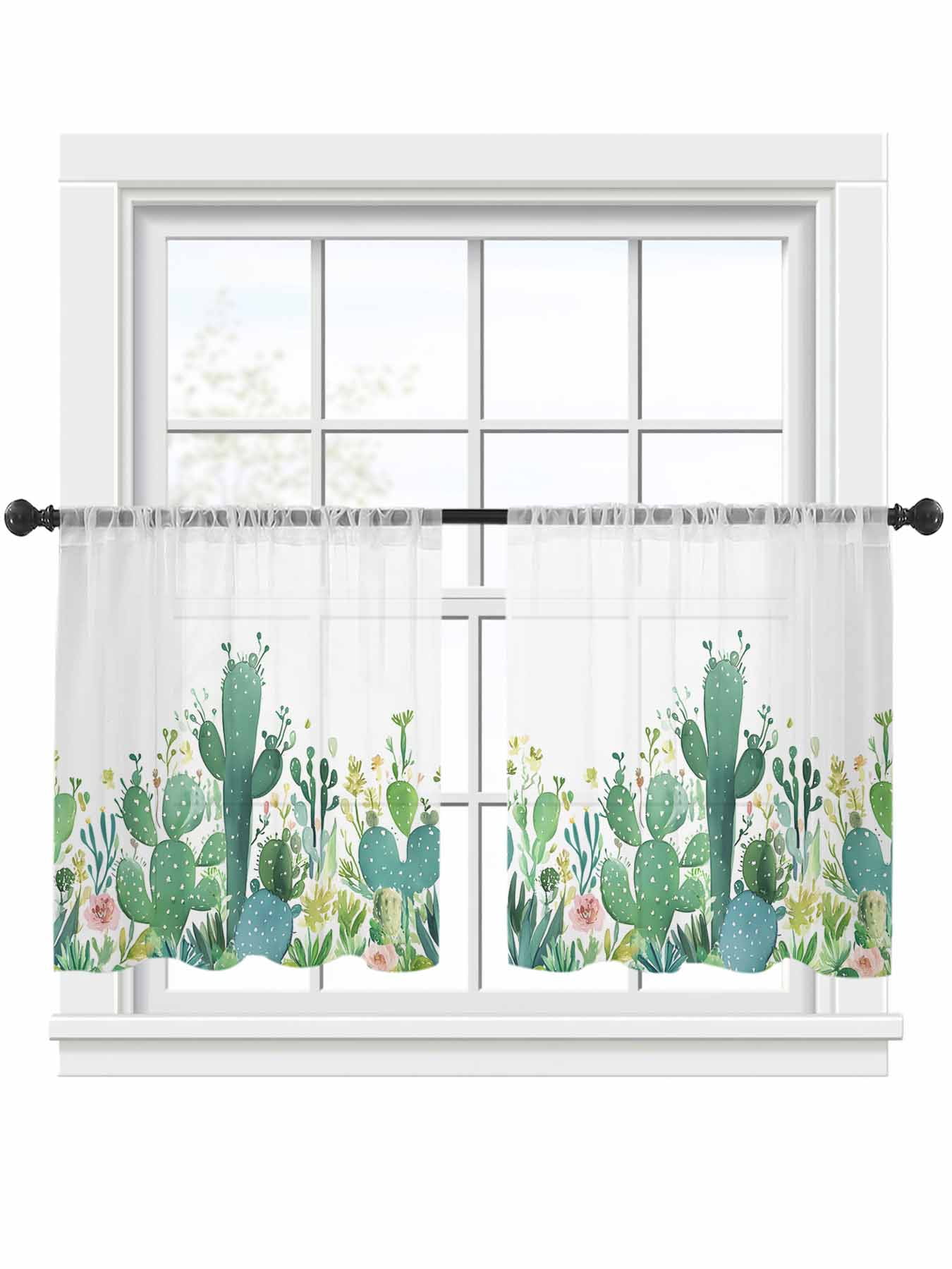 Watercolor Cactus Sheer Curtains for Living Room Bedroom, Hand Painted ...