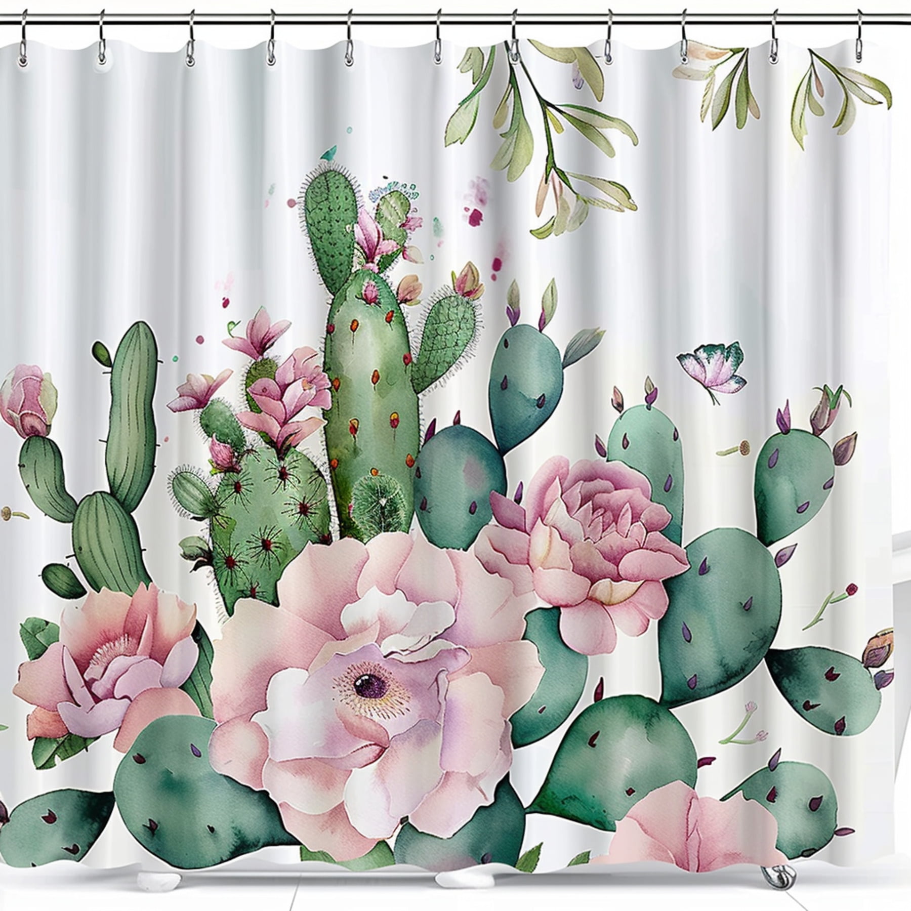 Watercolor Cactus And Flower Shower Curtain Pastel Colors White