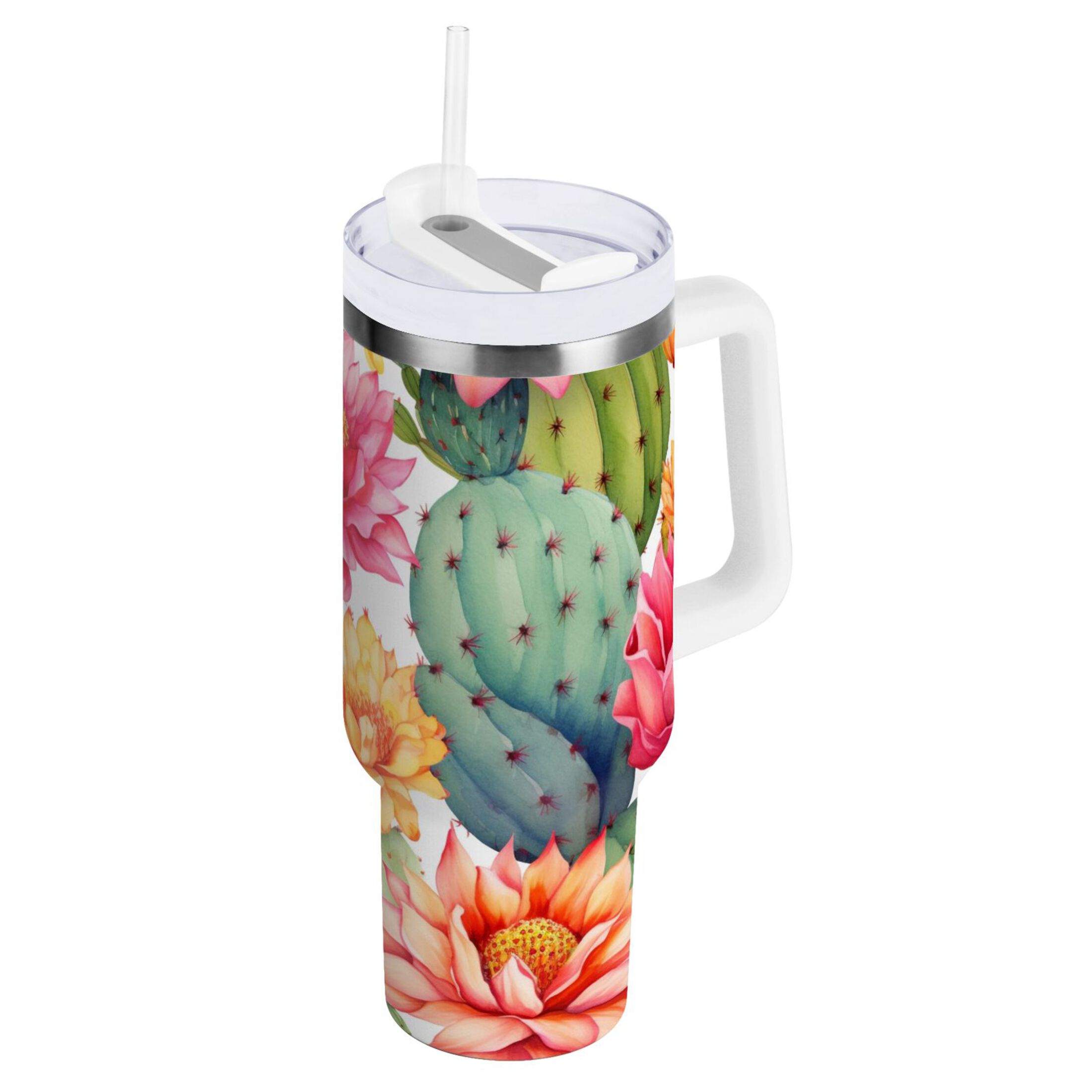 Watercolor Cactus and Flowers 30 oz Tumbler with Handle and Straw Lid ...