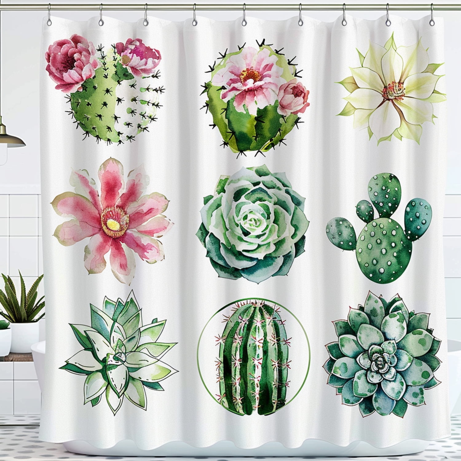 Watercolor Cactus And Pink Flower Shower Curtain Set Hand Drawn
