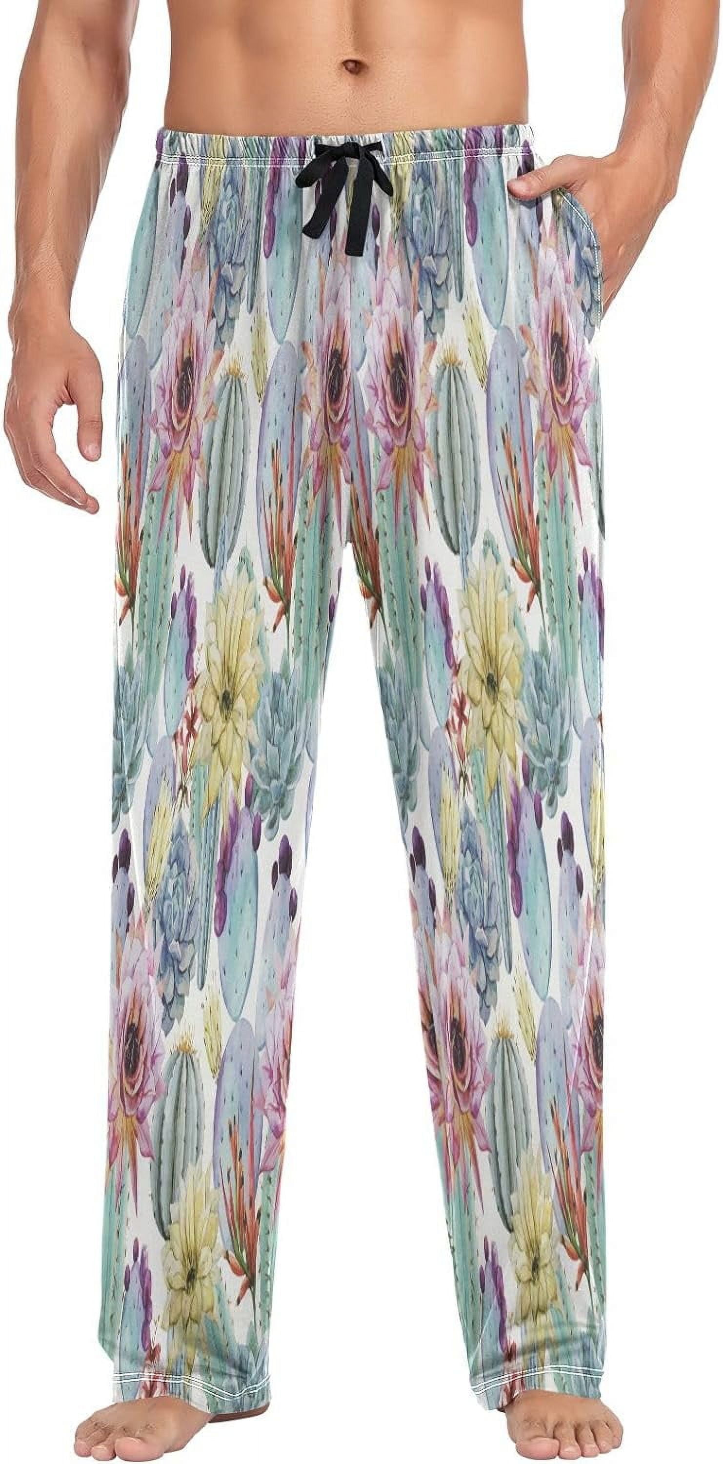 Watercolor Cactus with Flowers Men's Pajama Pants Lightweight Sleepwear ...