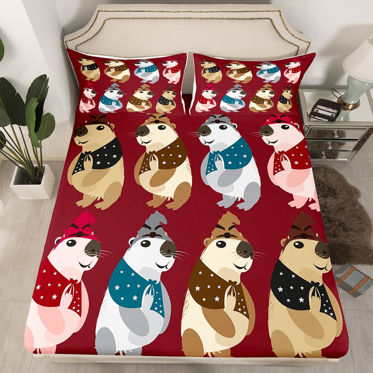 Watercolor Capybara Bed Sheets Queen Size, Funny Rodent Animal Bed Set ...