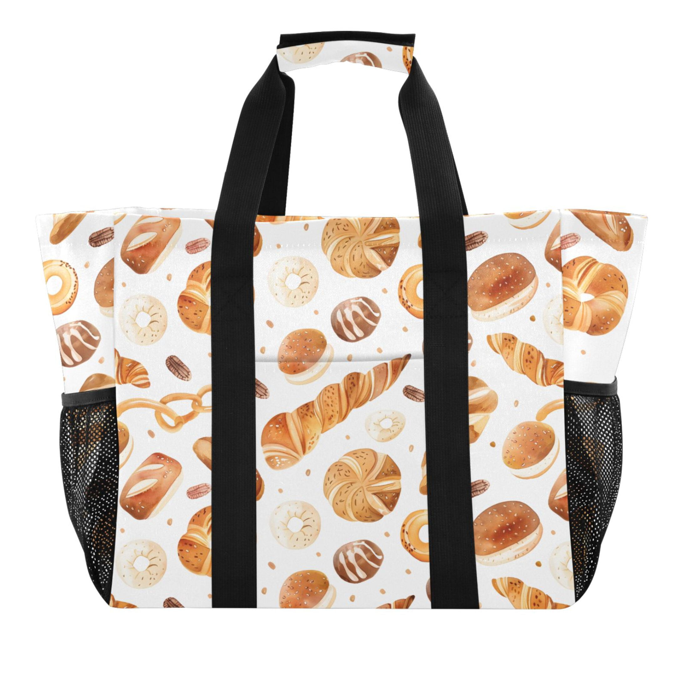 Watercolor Cartoon Bread Reusable Grocery Bags with Handle Side Pocket ...